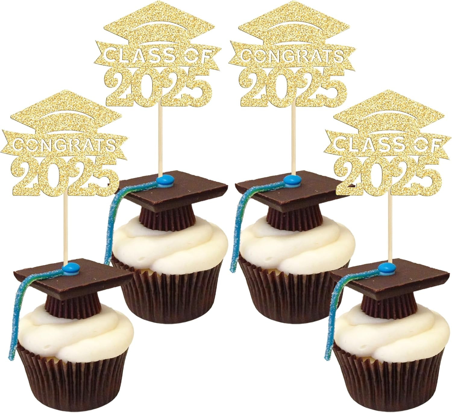 Wellsay 36Pcs 2025 Graduation Cap Cupcake Tors Glitter Class of 2025 Cupcake Grad Cap Picks ...