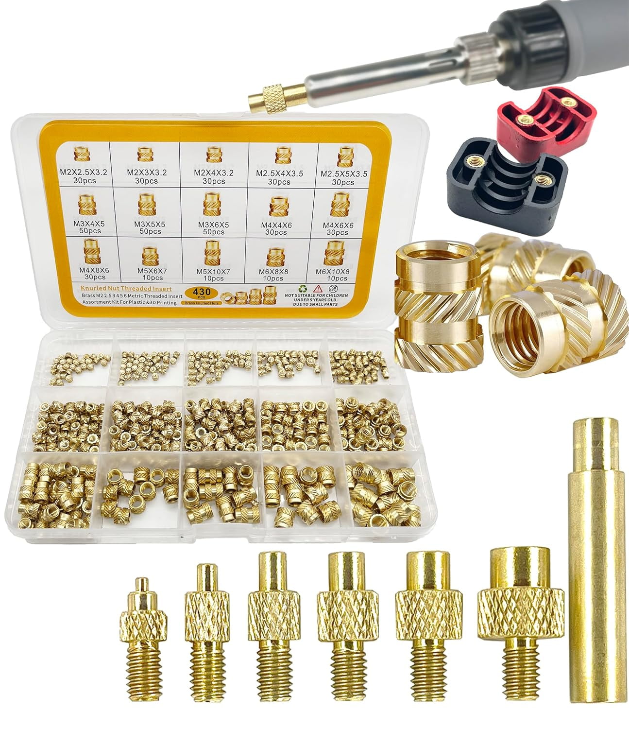 Wellsay 3D Printing Brass Nuts Threaded Inserts 430Pcs M2 M2.5 M3 M4 M5 M6 Female Thread Metric ...