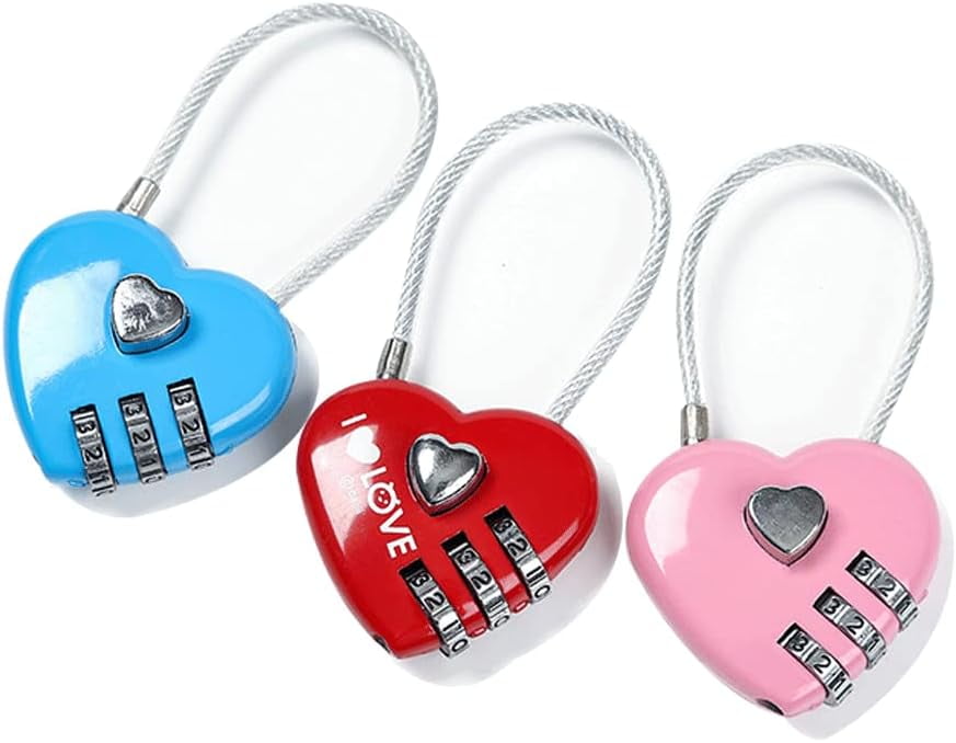 Wellsay 3PCS Combination Lock, Wire Rope Heart Shape Love Lock 3 ...