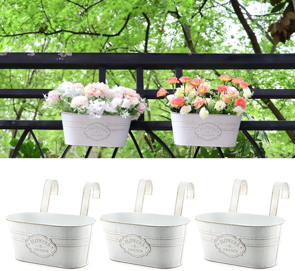 Wellsay 3PCS Metal Iron Hanging Flower Pot, Rustic Railing Planter ...
