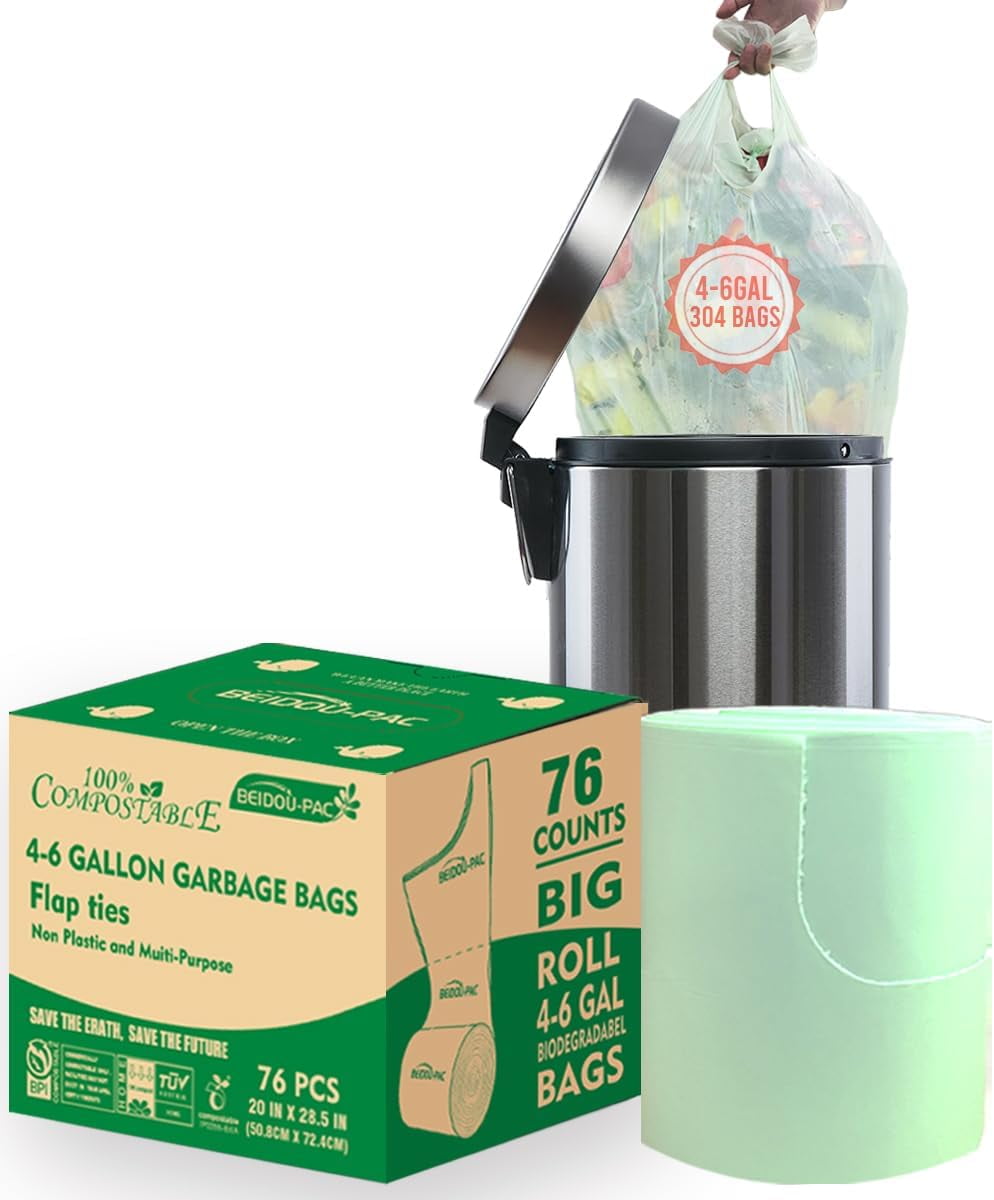 Wellsay 4-6 Gallon Flap Tie Compostable Trash Bags, 76 Count, Compost ...