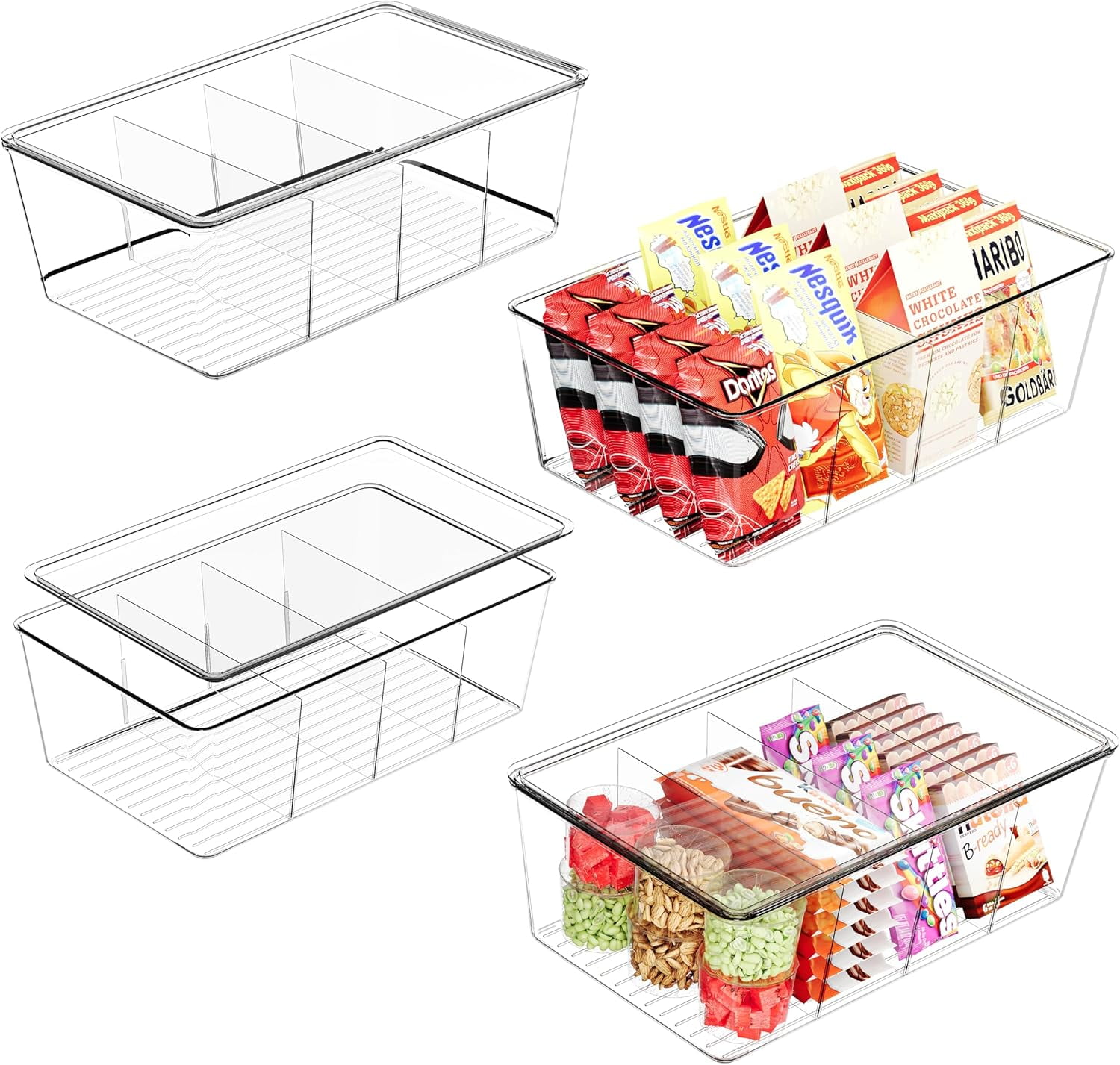 Wellsay 4 Pack Clear Food Storage Organizer Bin with Lid, 4 Compartment ...
