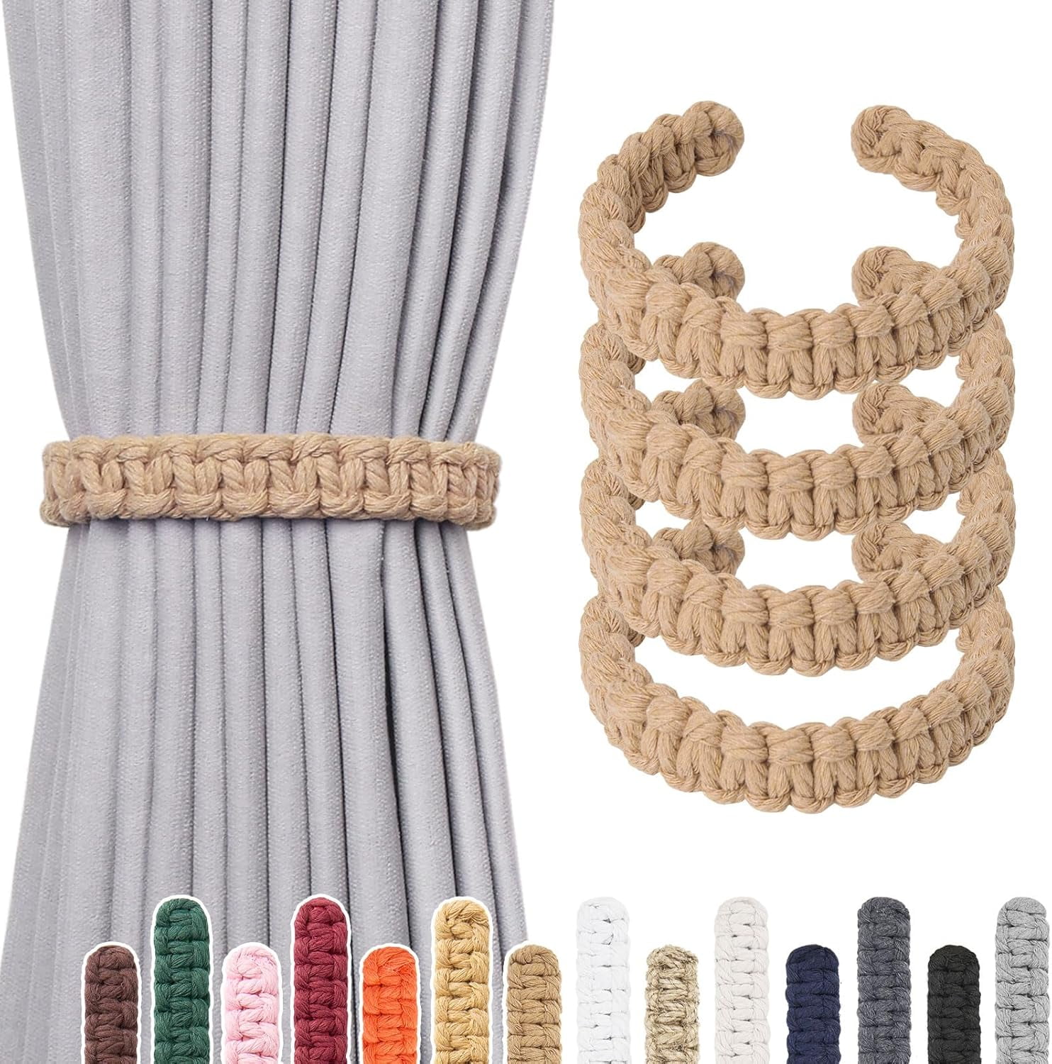 Wellsay 4 Pack Rope Curtain Tiebacks Farmhouse Style Drape Tie Backs ...