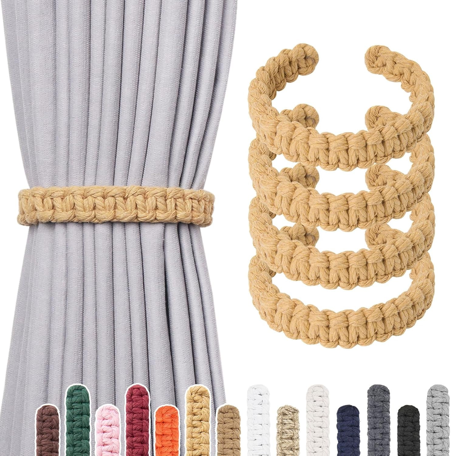 Wellsay 4 Pack Rope Curtain Tiebacks Farmhouse Style Drape Tie Backs ...