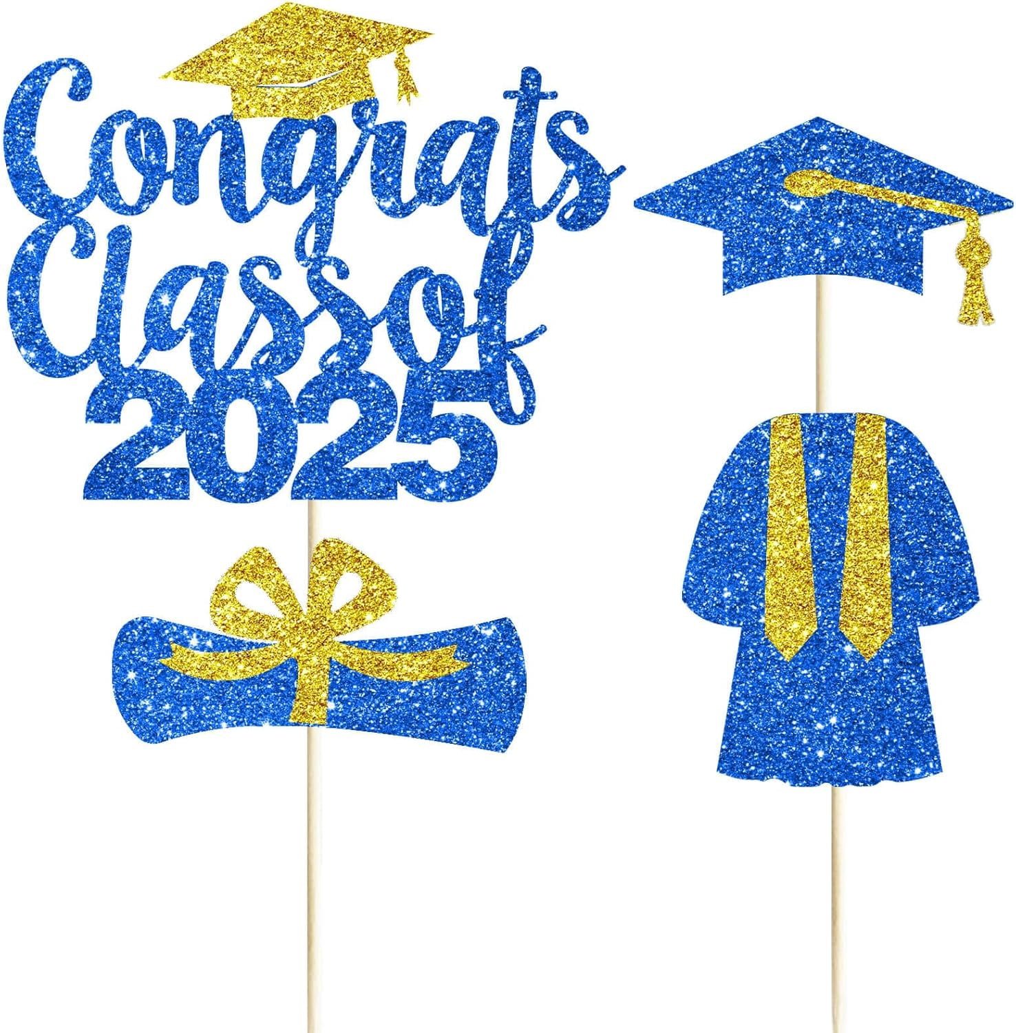 Wellsay 4 Pcs Congrats Class of 2025 Cake Tor Blue Gold Glitter Class ...
