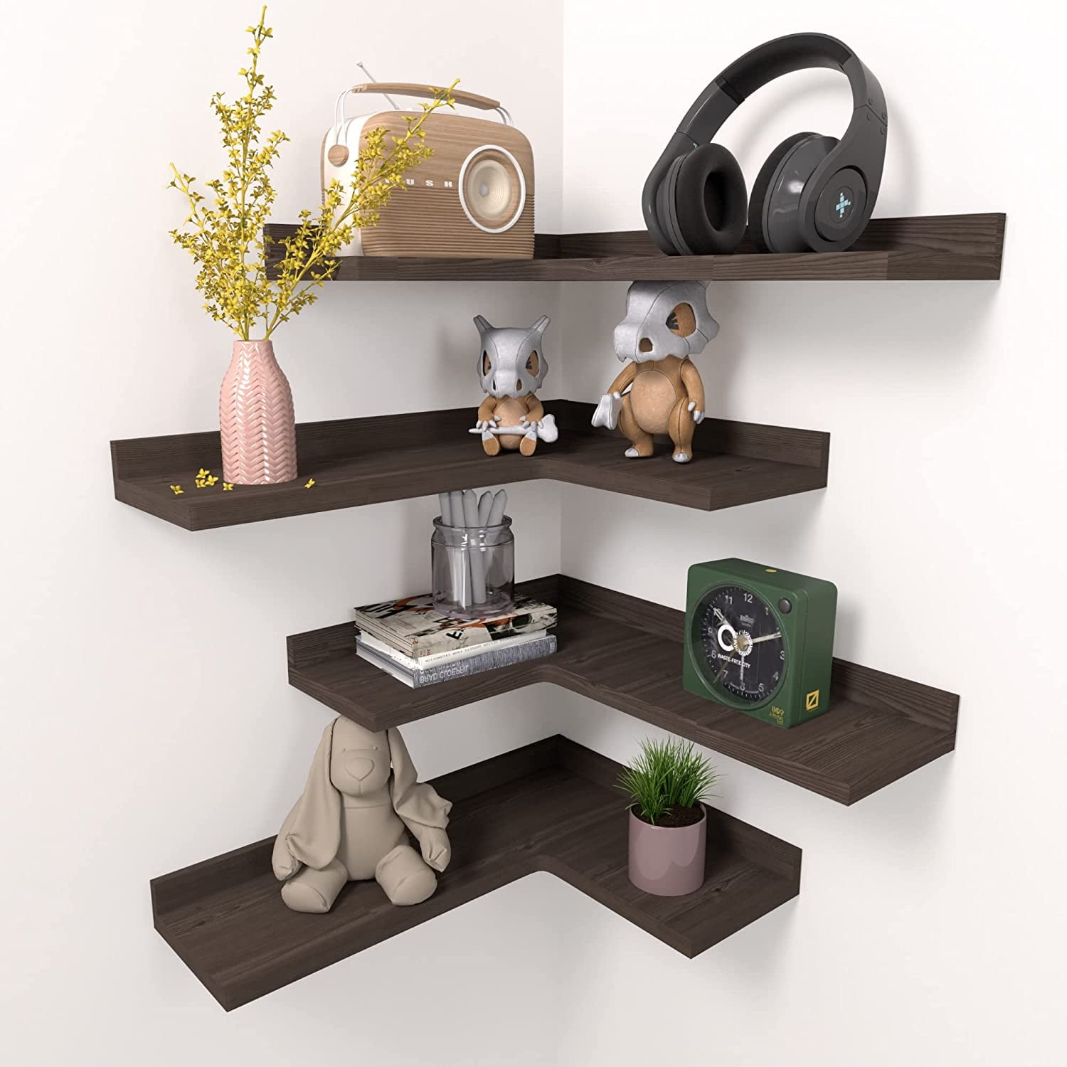 Wellsay 4 Tier Corner Floating Shelves Set of 4, Rustic Pine Corner ...