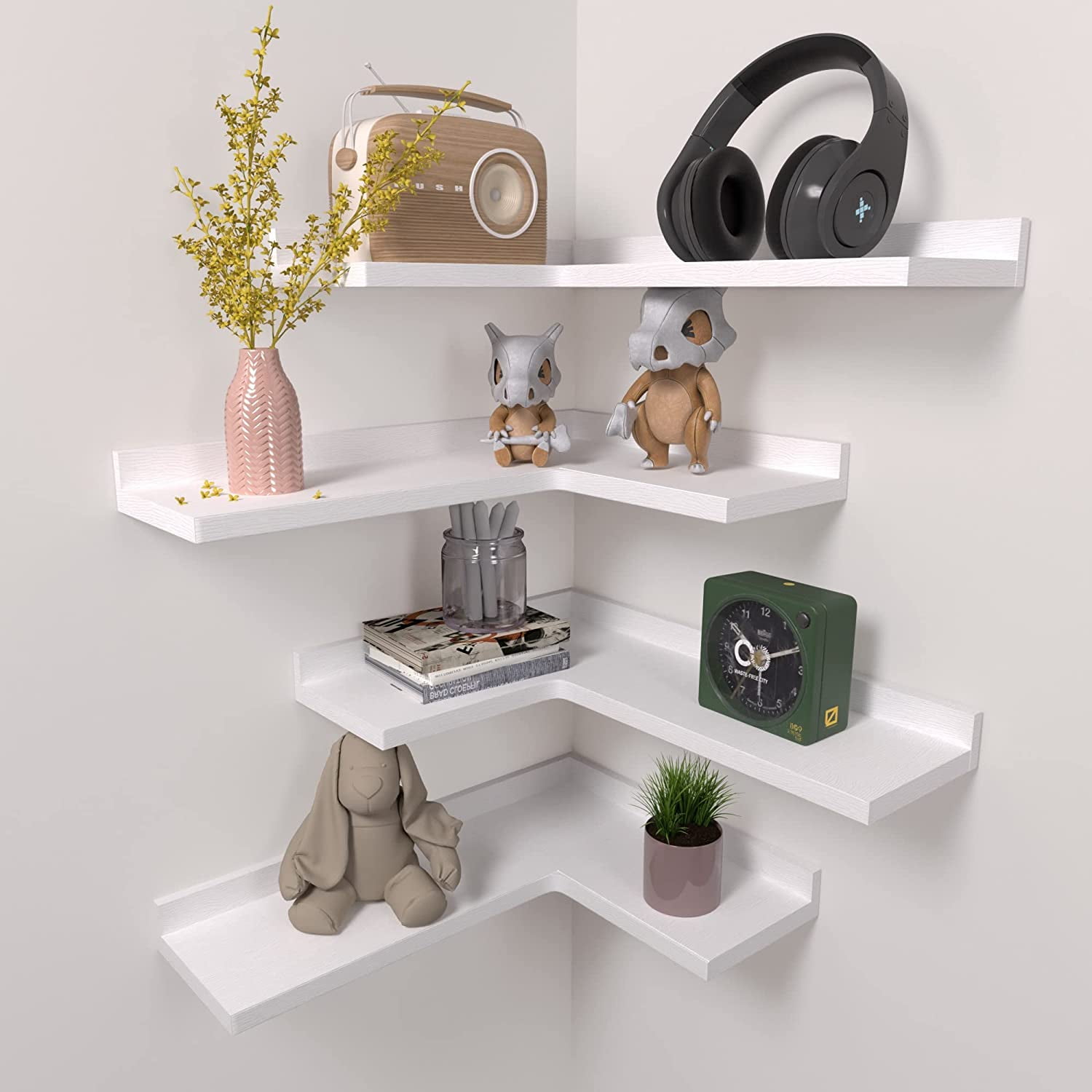 Wellsay 4 Tier Corner Floating Shelves Set of 4, Rustic Pine Wood ...