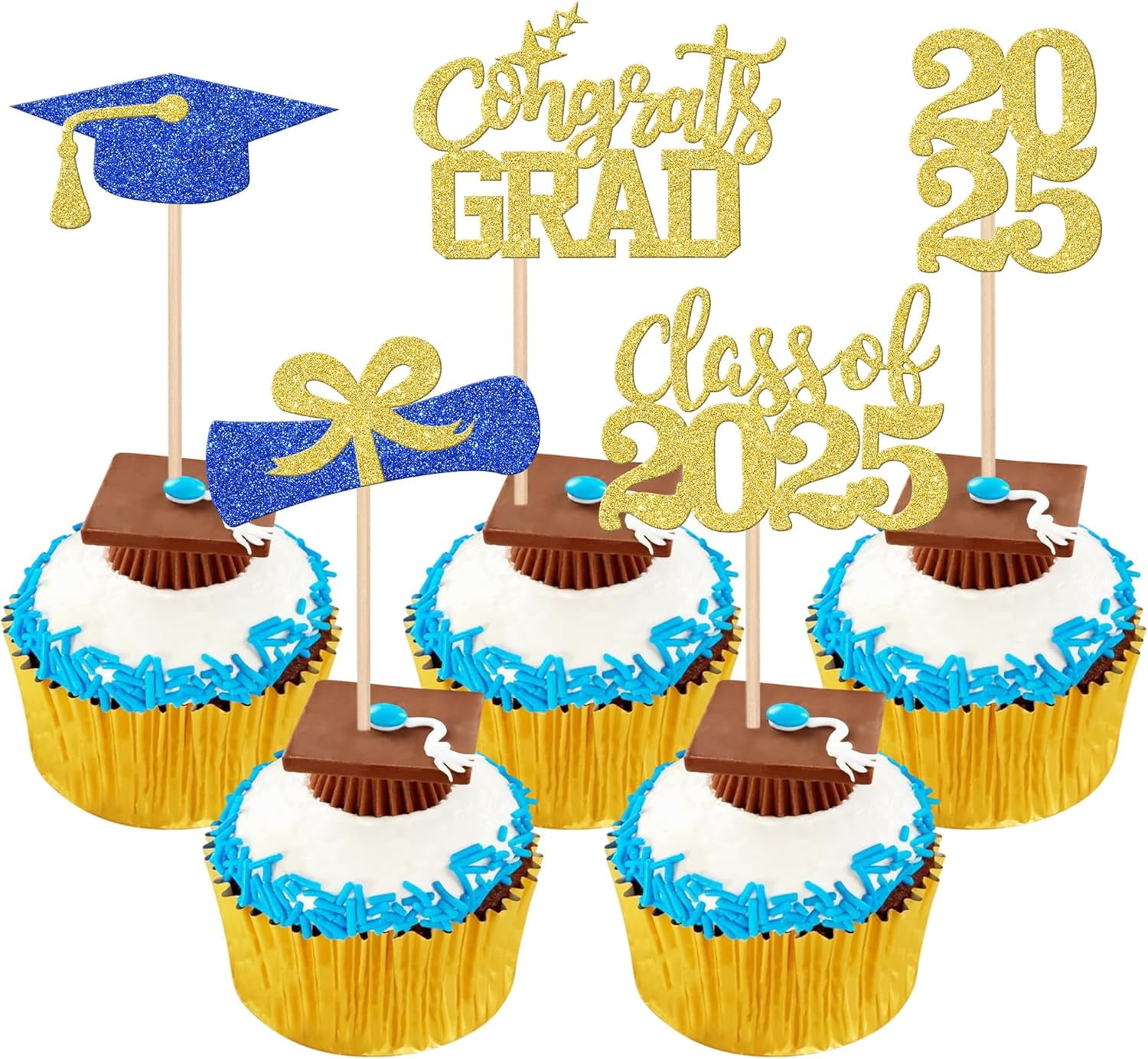 Wellsay 40 PCS 2025 Graduation Theme Cupcake Tors Glitter Congrats Grad ...