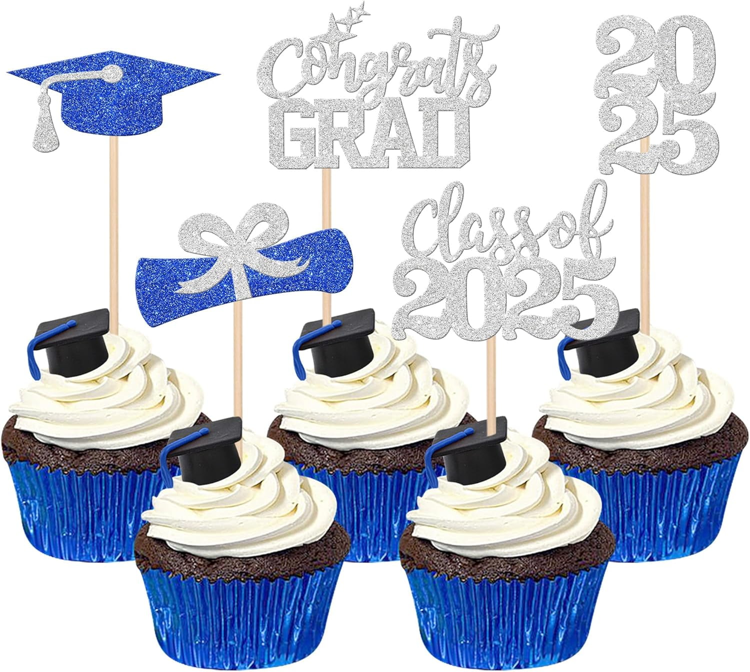 Wellsay 40 PCS 2025 Graduation Theme Cupcake Tors Glitter Congrats Grad ...