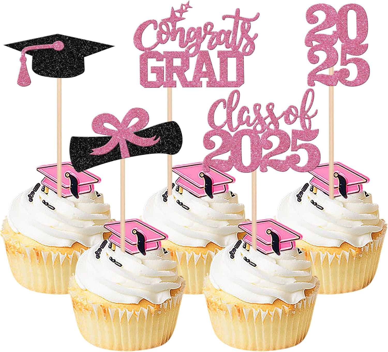 Wellsay 40 PCS 2025 Graduation Theme Cupcake Tors Glitter Congrats Grad ...
