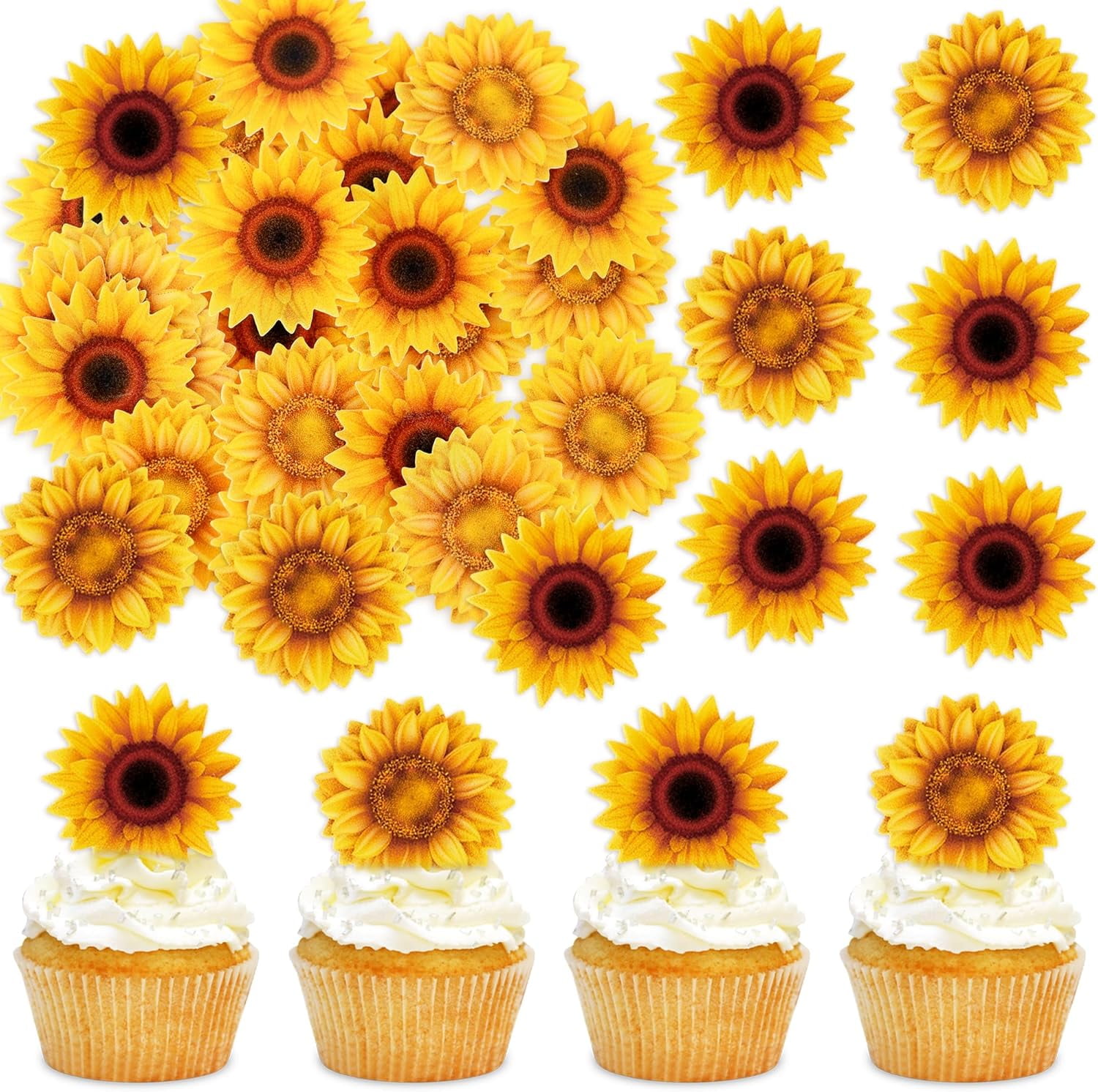 Wellsay 40Pcs Edible Sunflower Cupcake Tors Wafer Paper Flower Themed ...