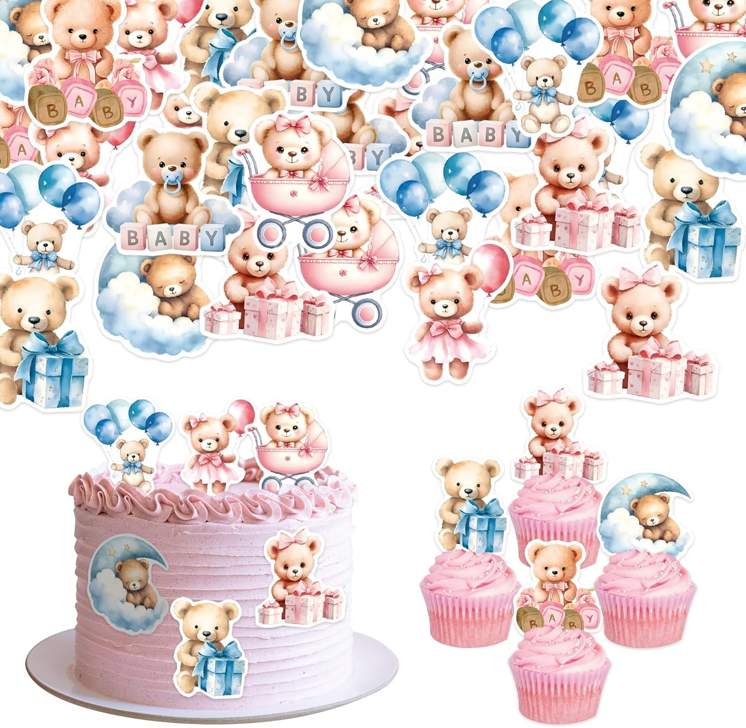 Wellsay 48Pcs Edible Baby Shower Bear Tor Cupcake Wafer Paper Bear Baby ...