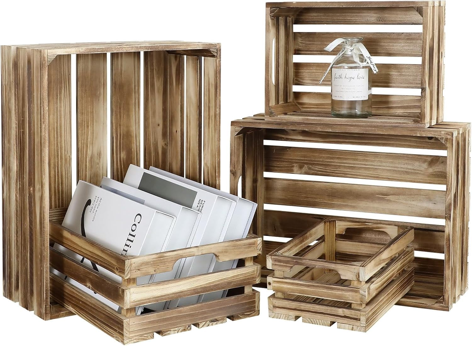 Wellsay 5-Piece Farmhouse Wooden Crate Set - Rustic Wooden Crates for ...