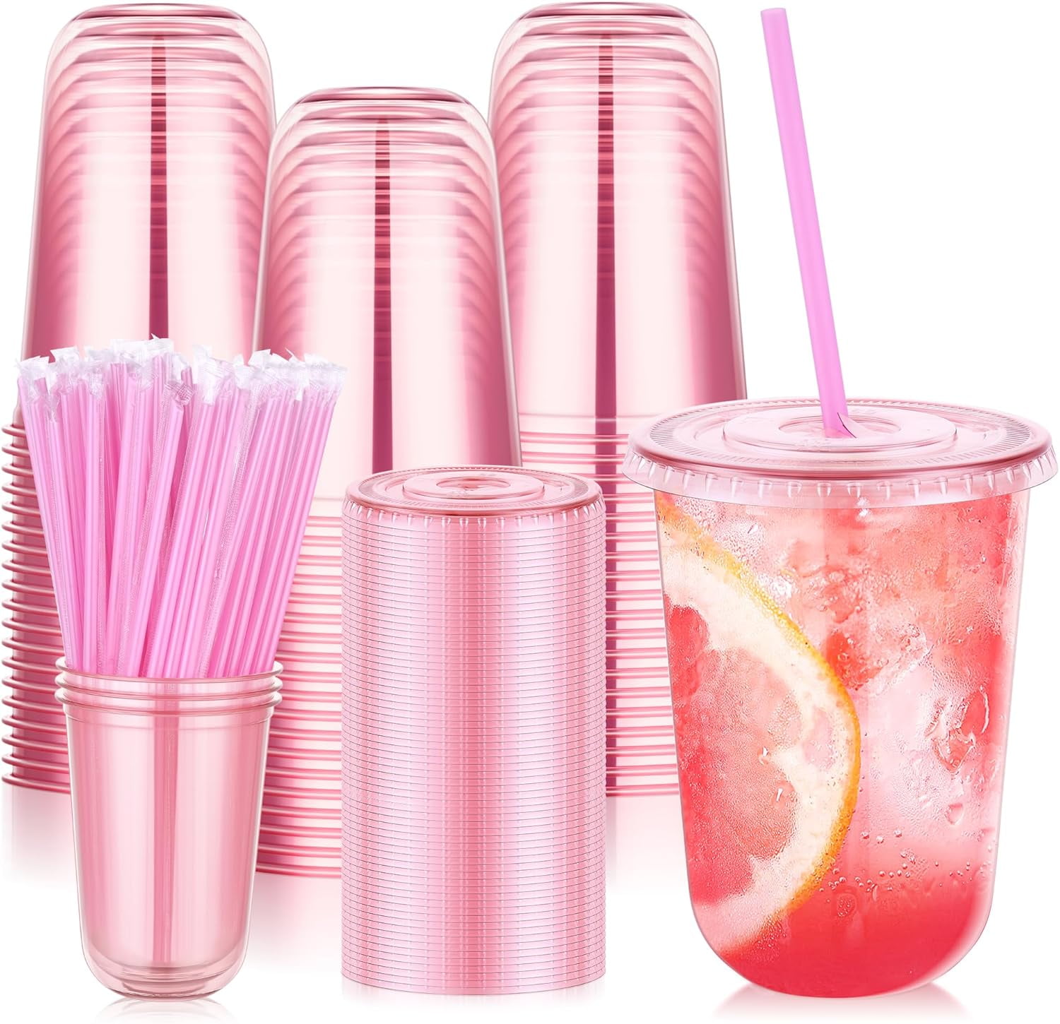 Wellsay 50 Pack Clear Plastic Cups with and Straws, 16 oz To Go Iced ...