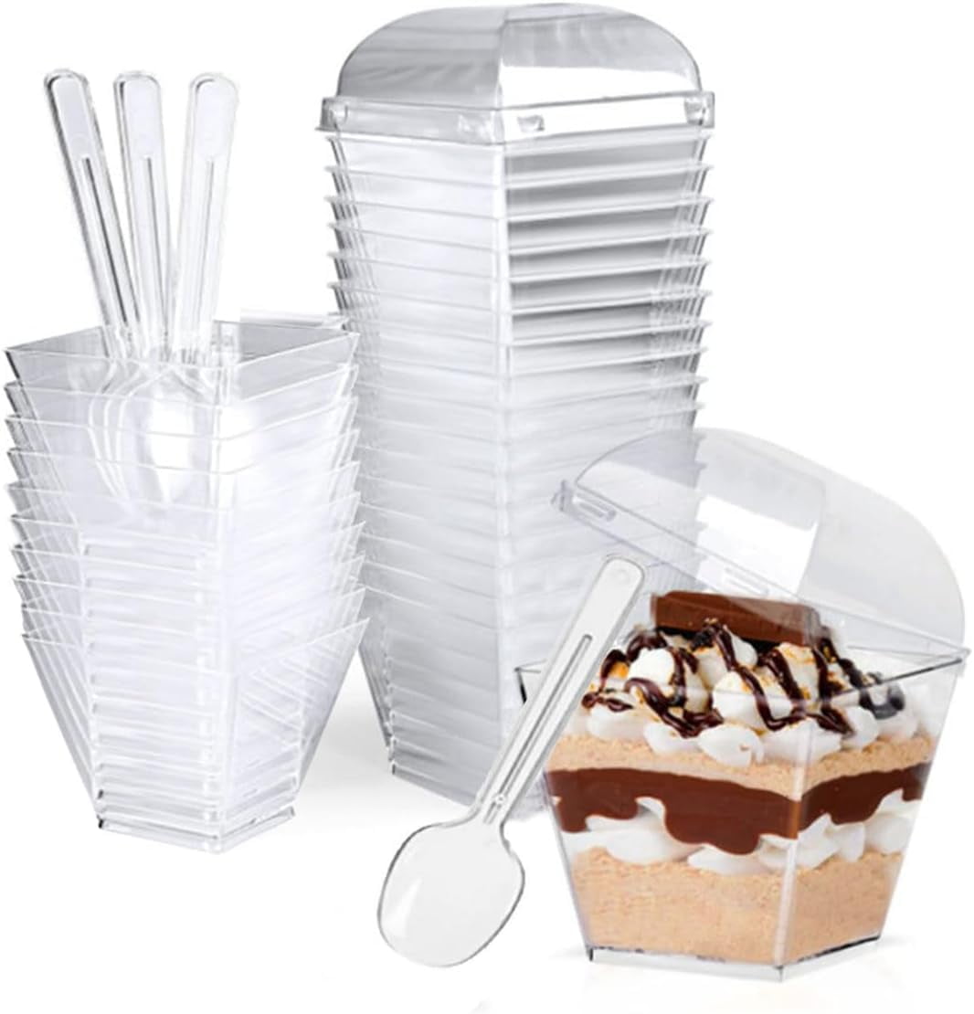 Wellsay 50 Pack Clear Plastic Dessert Cups with and Spoons, Parfait ...