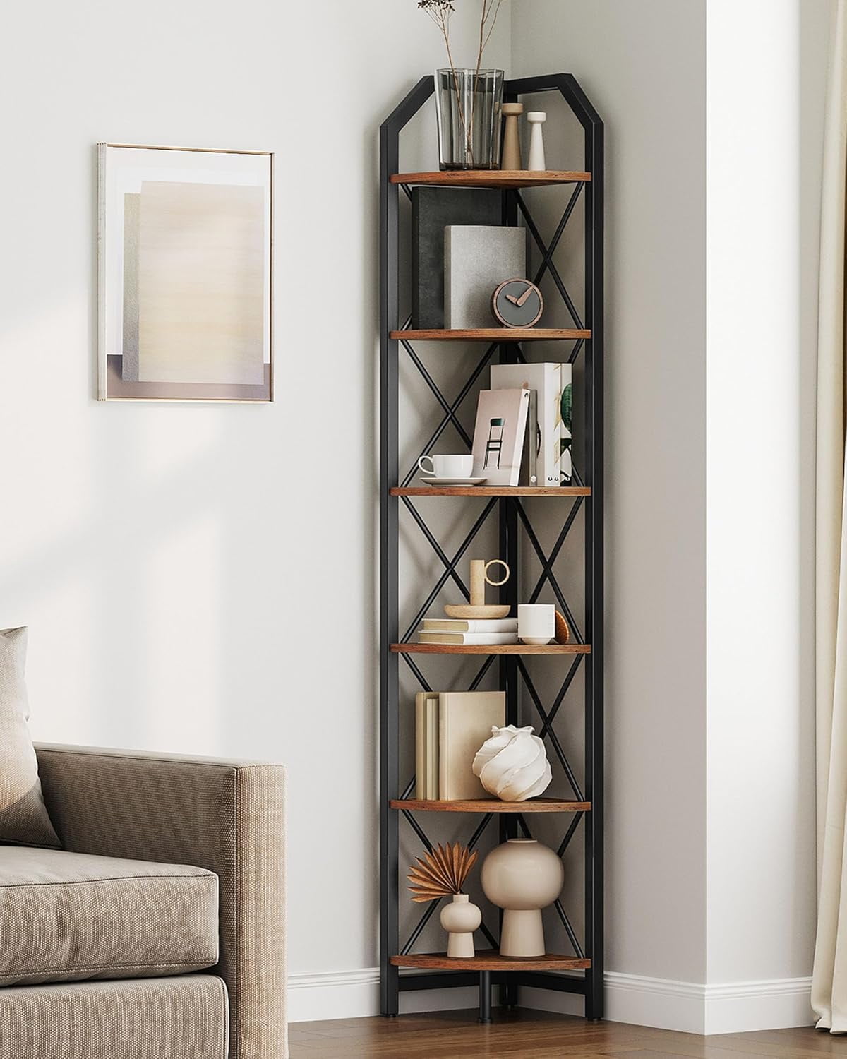 Wellsay 6-Tier Corner Shelf, Industrial Corner Bookshelf, 71.2" Corner ...