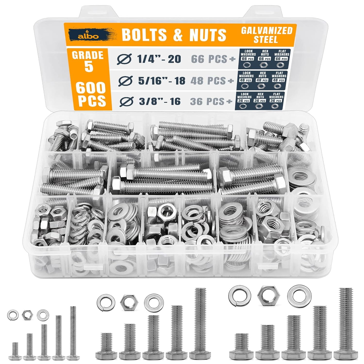 Wellsay 600 pcs Hex Head Bolts and Nuts Grade 5 Zinc Plated 1/4-20, 5/ ...