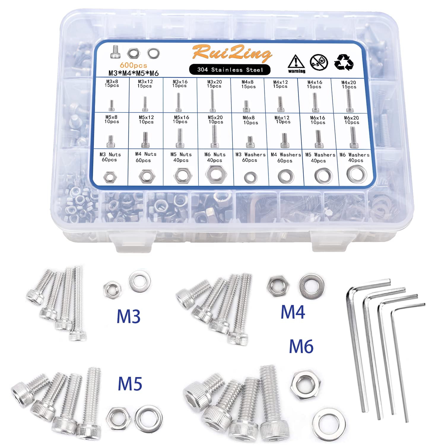 Wellsay 600pcs M3 M4 M5 M6 Metric Screw Assortment, 304 Stainless Steel Metric Bolts Assortment ...