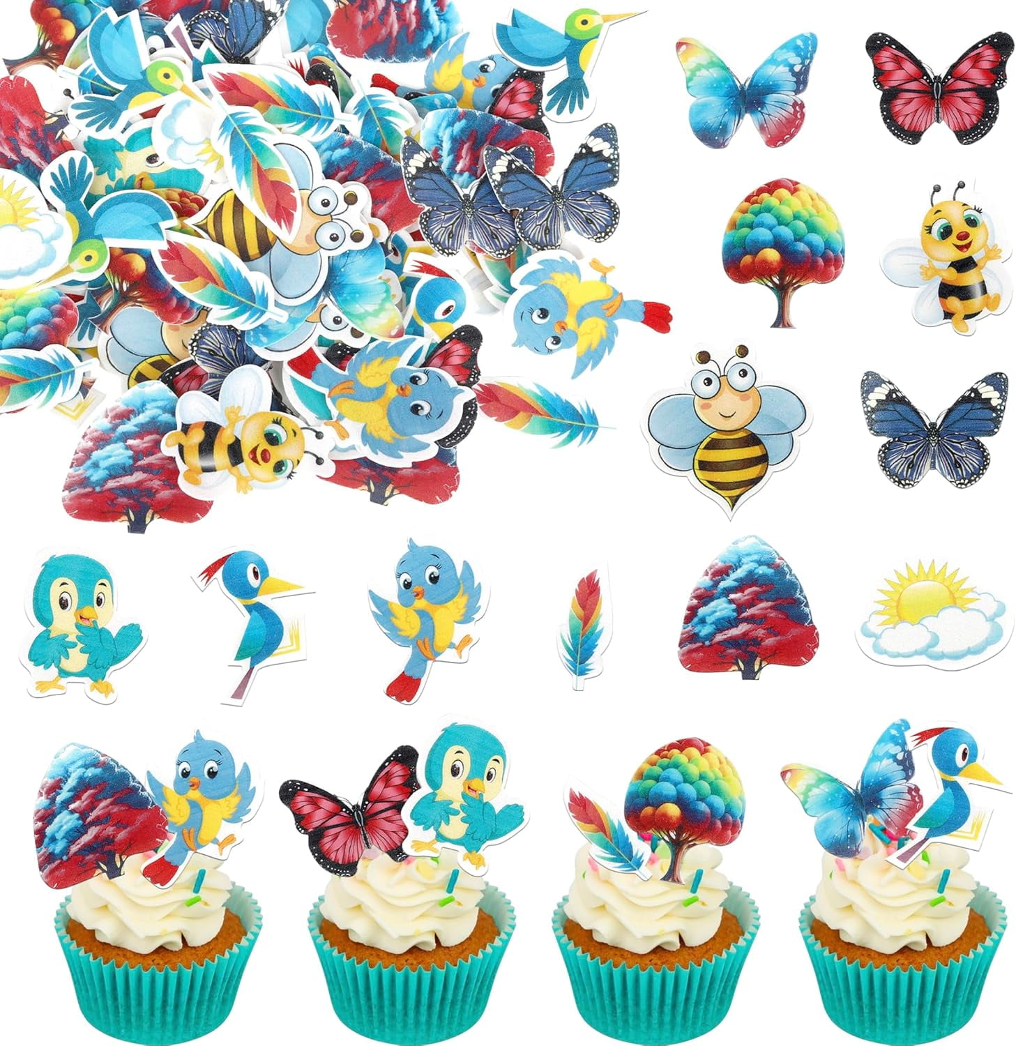 Wellsay 62 Pack Edible Bees Cupcake Tors Butterfly Cupcake Tors Bird ...