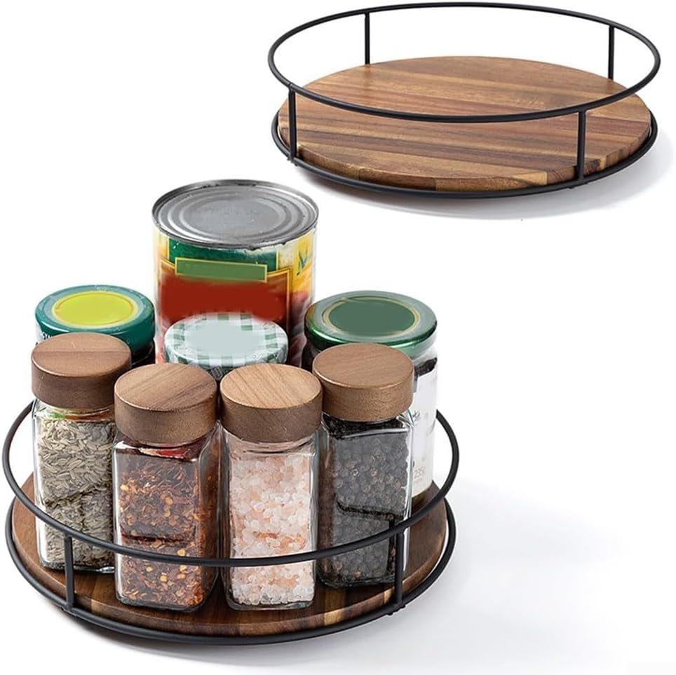 Wellsay 8.9'' Lazy Susan Organizer Spice Rack, Wooden Seasoning Bottle ...