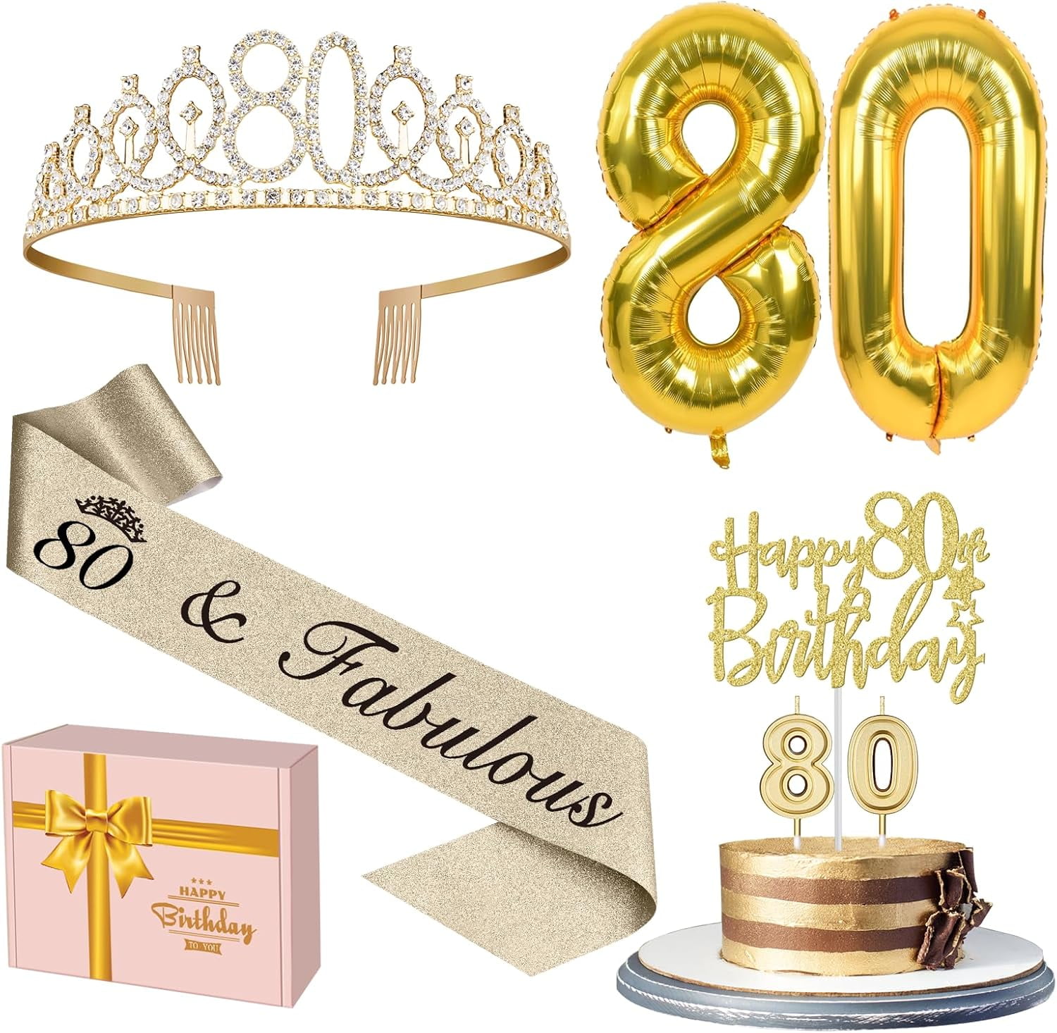 Wellsay 80th Birthday Decorations for Women Gold with 80th Birthday Sash and Tiara, Cake Tor and ...
