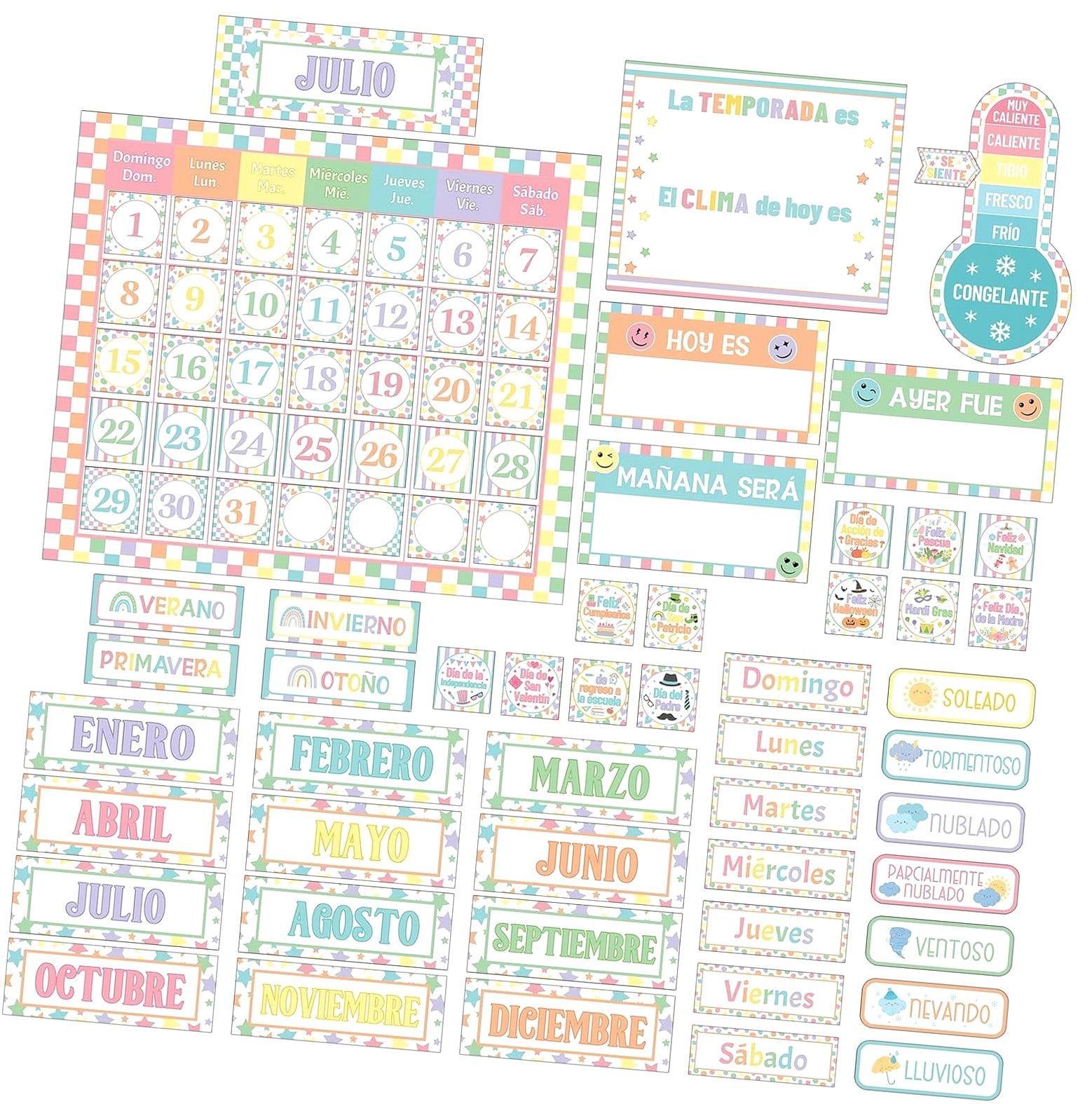 Wellsay 85 Pcs Spanish Pastel Classroom Calendar Bulletin Set for ...