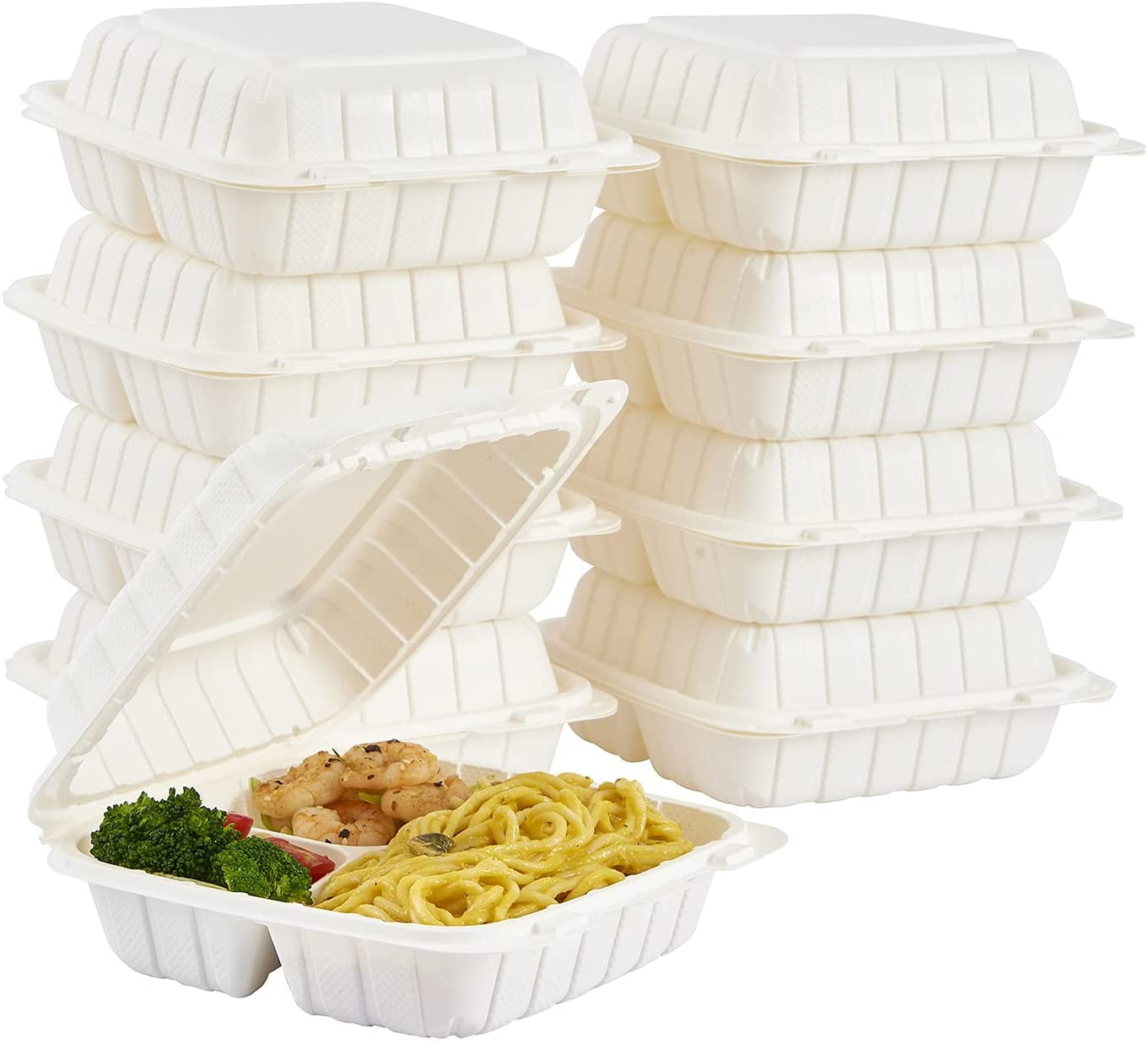 Wellsay 9X9 3-Compartment 50-Pack Plastic Clamshell Takeout Food Trays ...