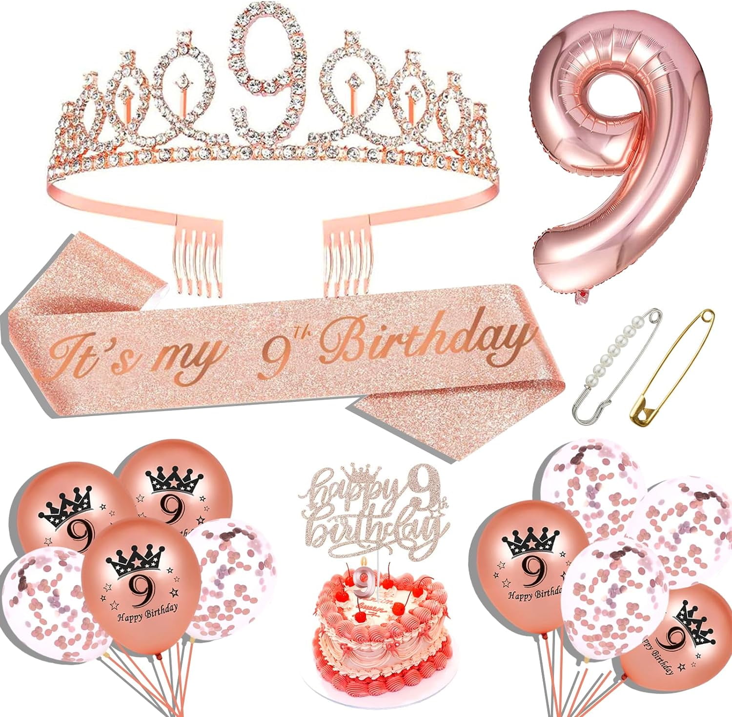 Wellsay 9th Birthday Decorations for Girls, 9th Birthday Sash, 9th Birthday Crown, 9th Birthday ...