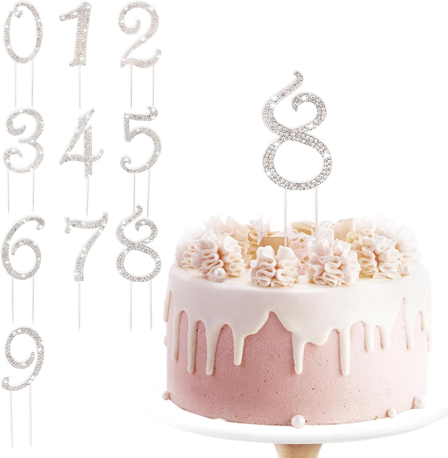 Wellsay BEIDHIA Number Cake Tor 0-9,Silver Bling Rhinestone Happy Birthday Cake Tor for 8th 16th ...