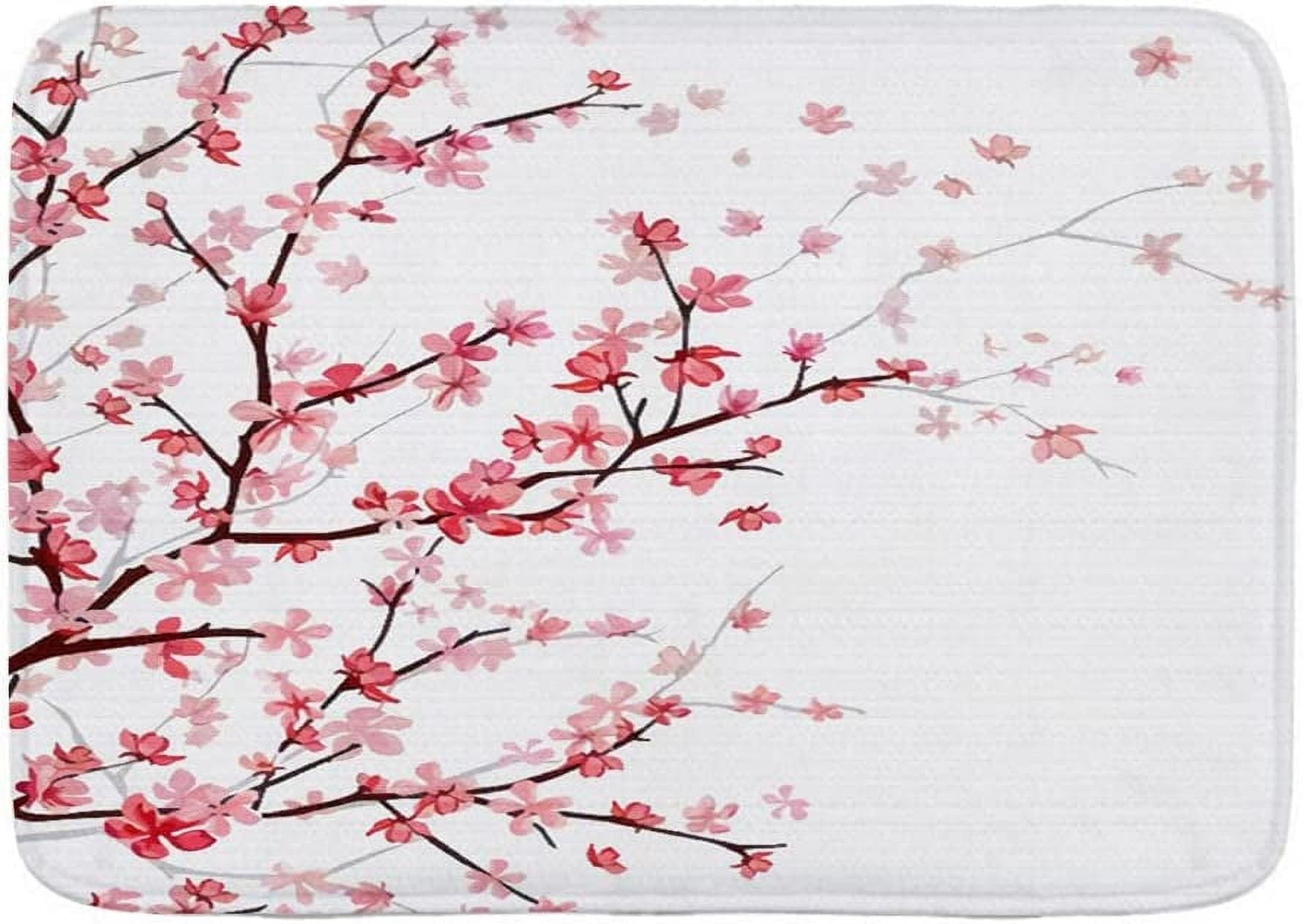 Wellsay Bathroom Rug,Pink Cherry Blossom Floral Sakura,Bath Mat,Plush ...
