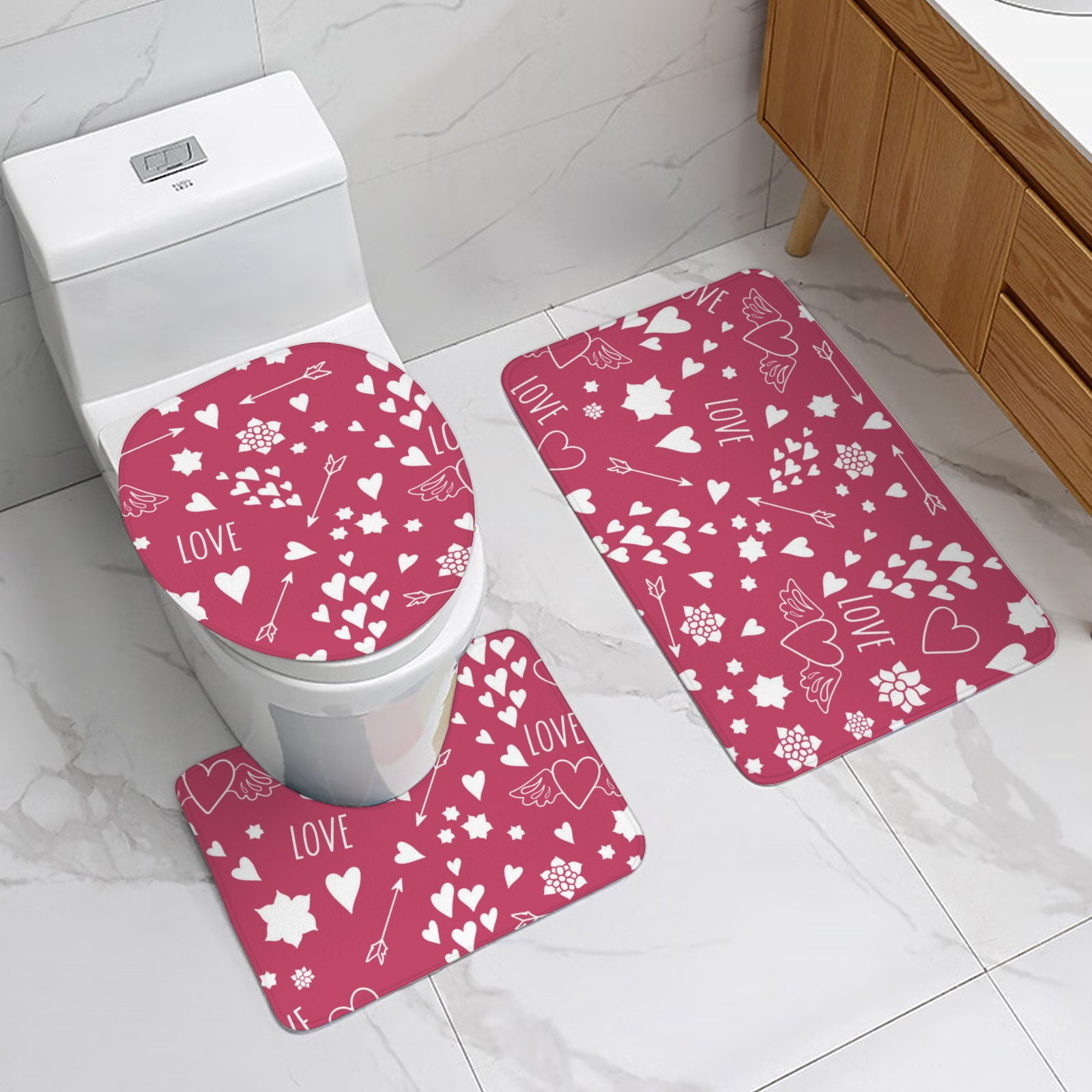 Wellsay Bathroom Rug Set of 3, Hand Drawn Seamless Pattern with Hearts ...