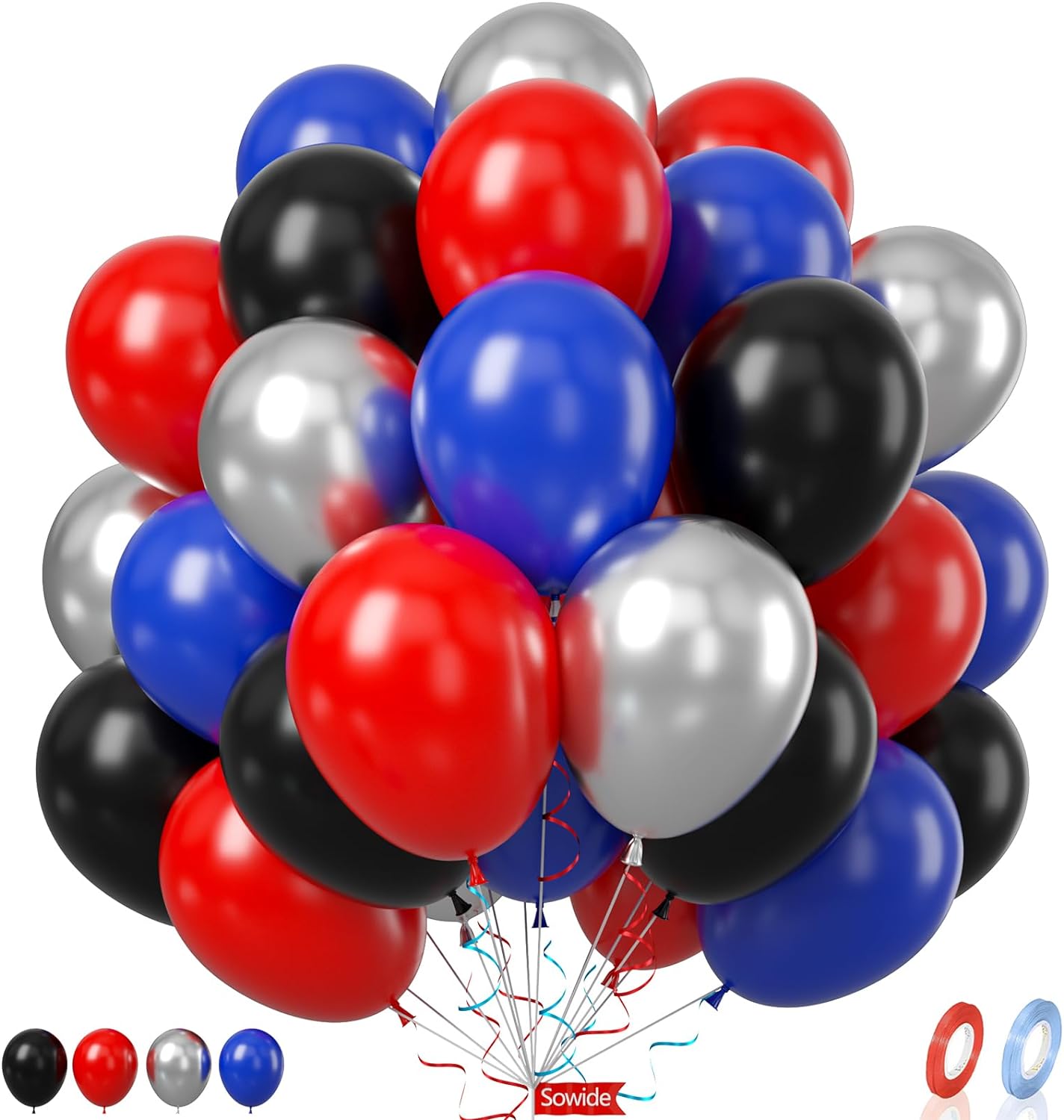 Wellsay Black Red Blue Balloon,60 Pcs 12 Inches Metc Silver Spider ...
