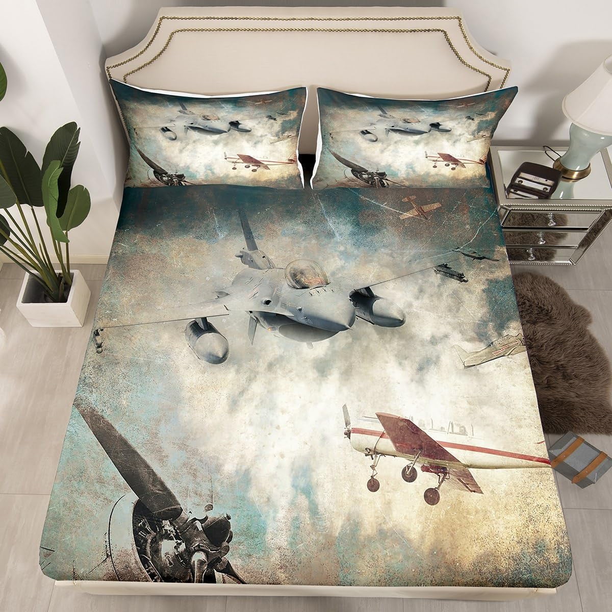 Wellsay Boys Airplane tted Sheet Vintage World War Military Aiaft Bed ...