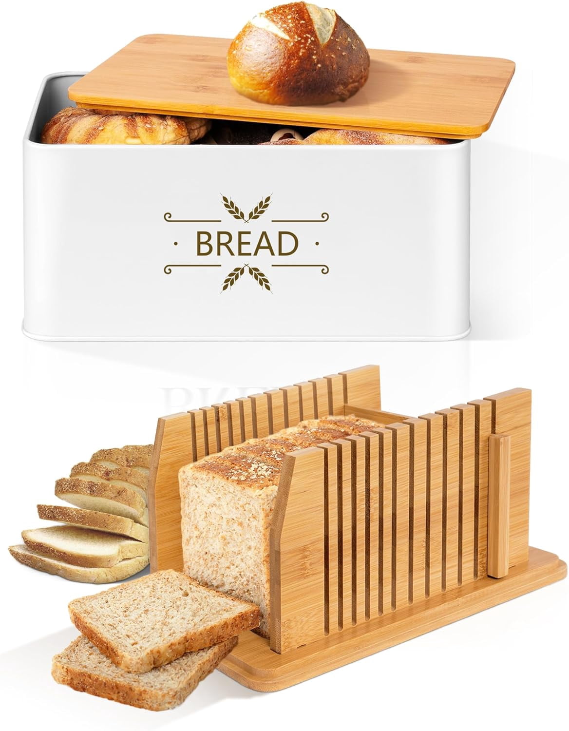 Wellsay Bread Box with Bamboo Bread Slicer, Metal Bread Storage ...
