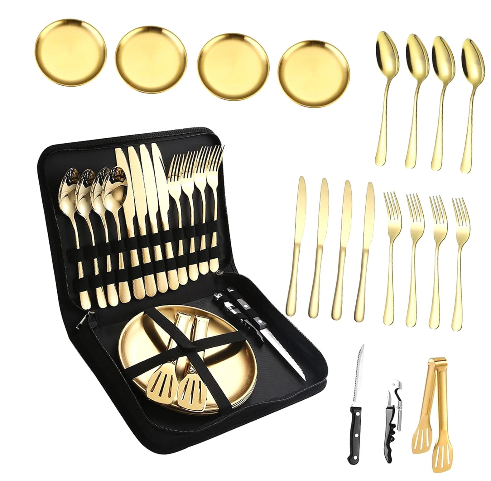 Wellsay Camping Silverware Silver Picnic Plates and Utensils Set for 4 ...