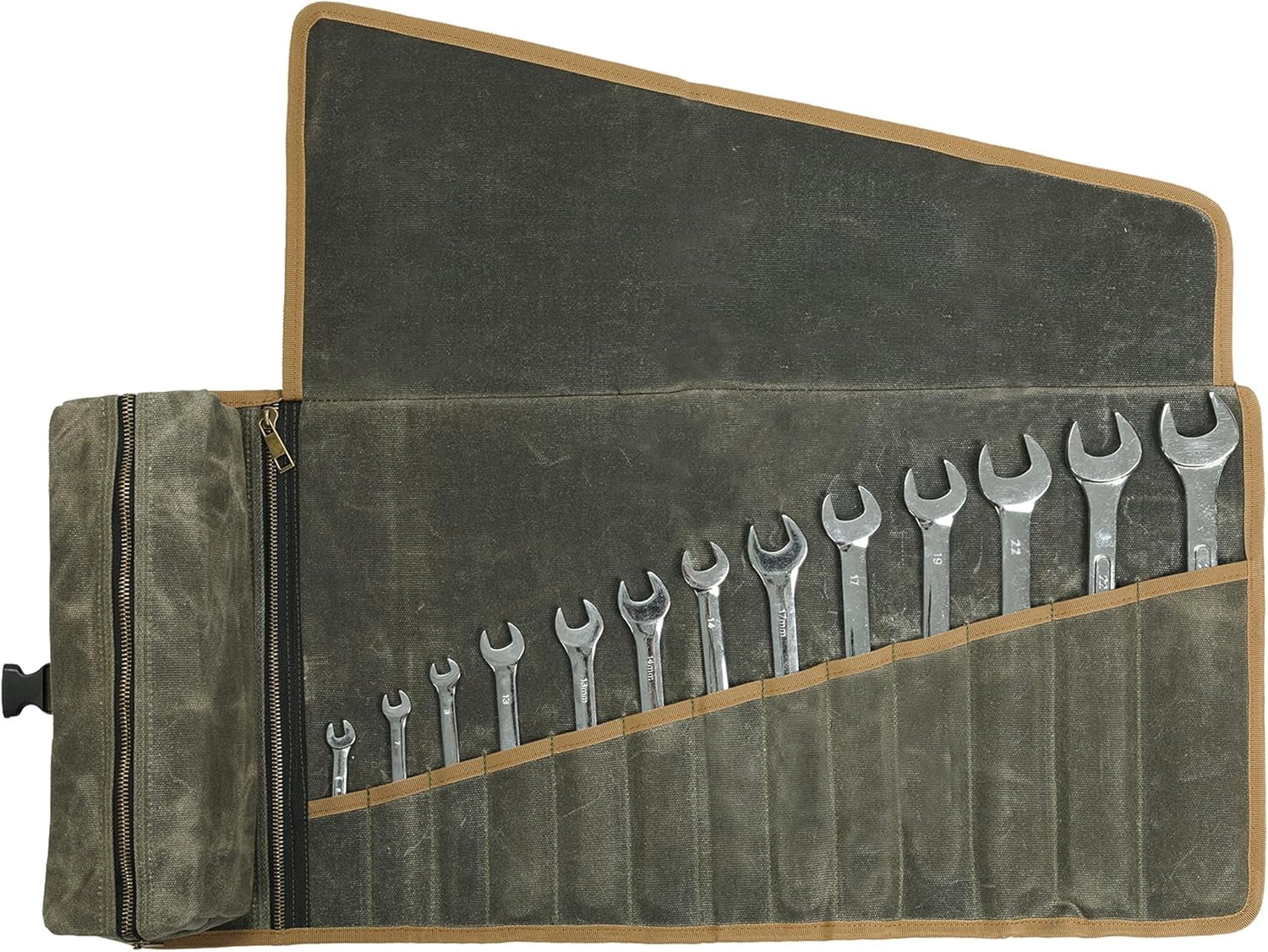 Wellsay Canvas Tool Roll, Heavy Duty 16oz Waxed Canvas Wrench Roll - with Regular Tool Slots + 2 ...