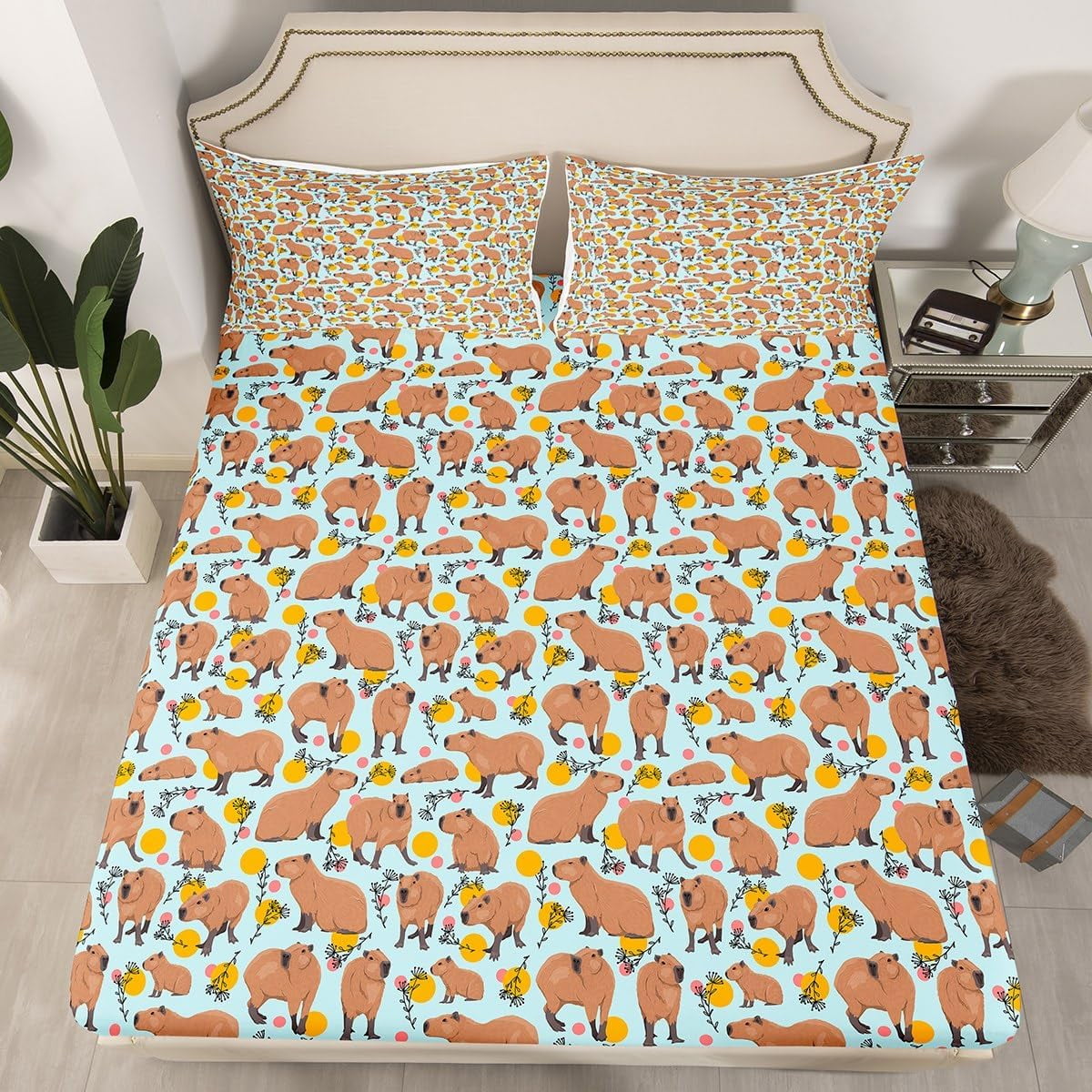 Wellsay Capybaras tted Sheet Queen, Kawaii Capybara Bed Sheets, Cute ...