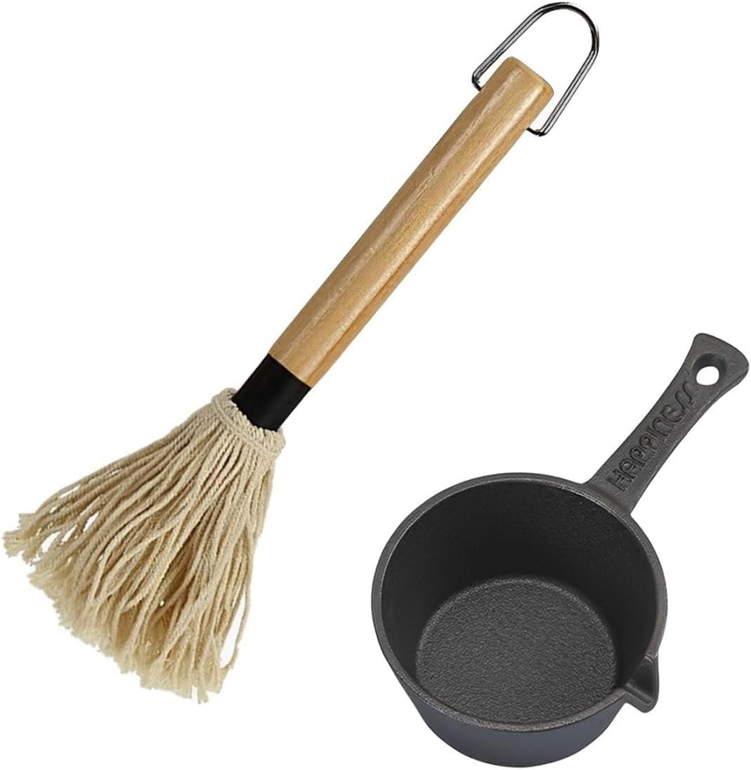 Wellsay Cast Iron Sauce Pot and BBQ Mop Brush Set for Grilling, BBQ ...