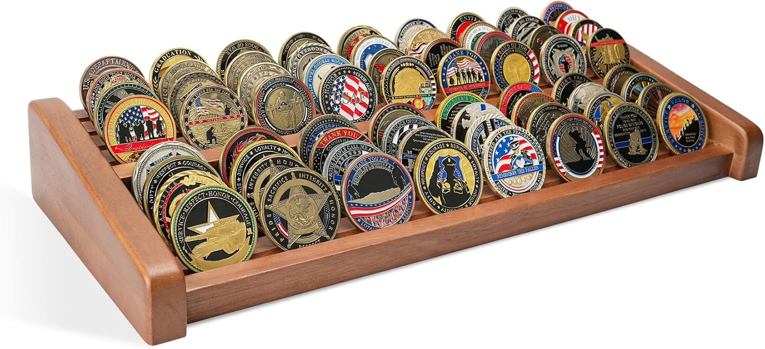 Wellsay Challenge Coin Display Holder, 8 Rows Wooden Military Stand ...