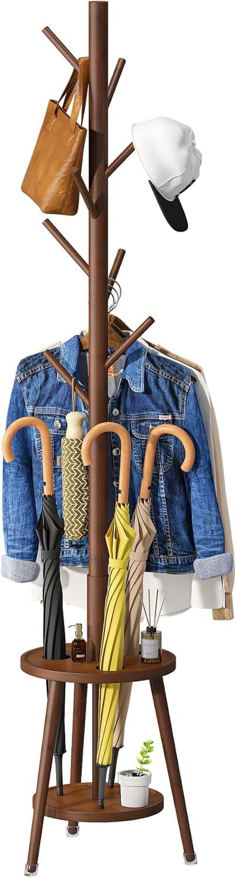 Wellsay Coat Rack, Bamboo Wood Coat Freestanding with Umbrella Holder ...