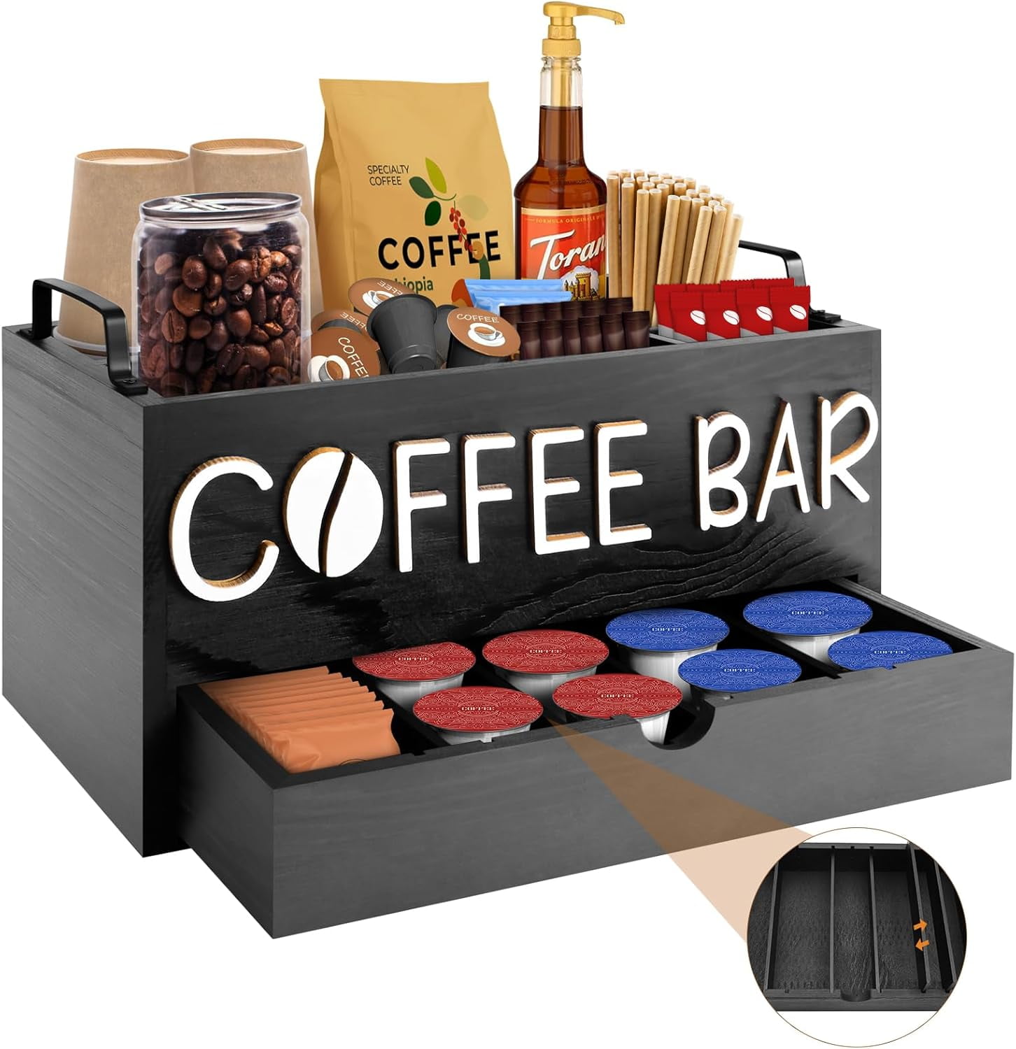 Wellsay Coffee Station Organizer with Drawer - Wooden Coffee Station ...