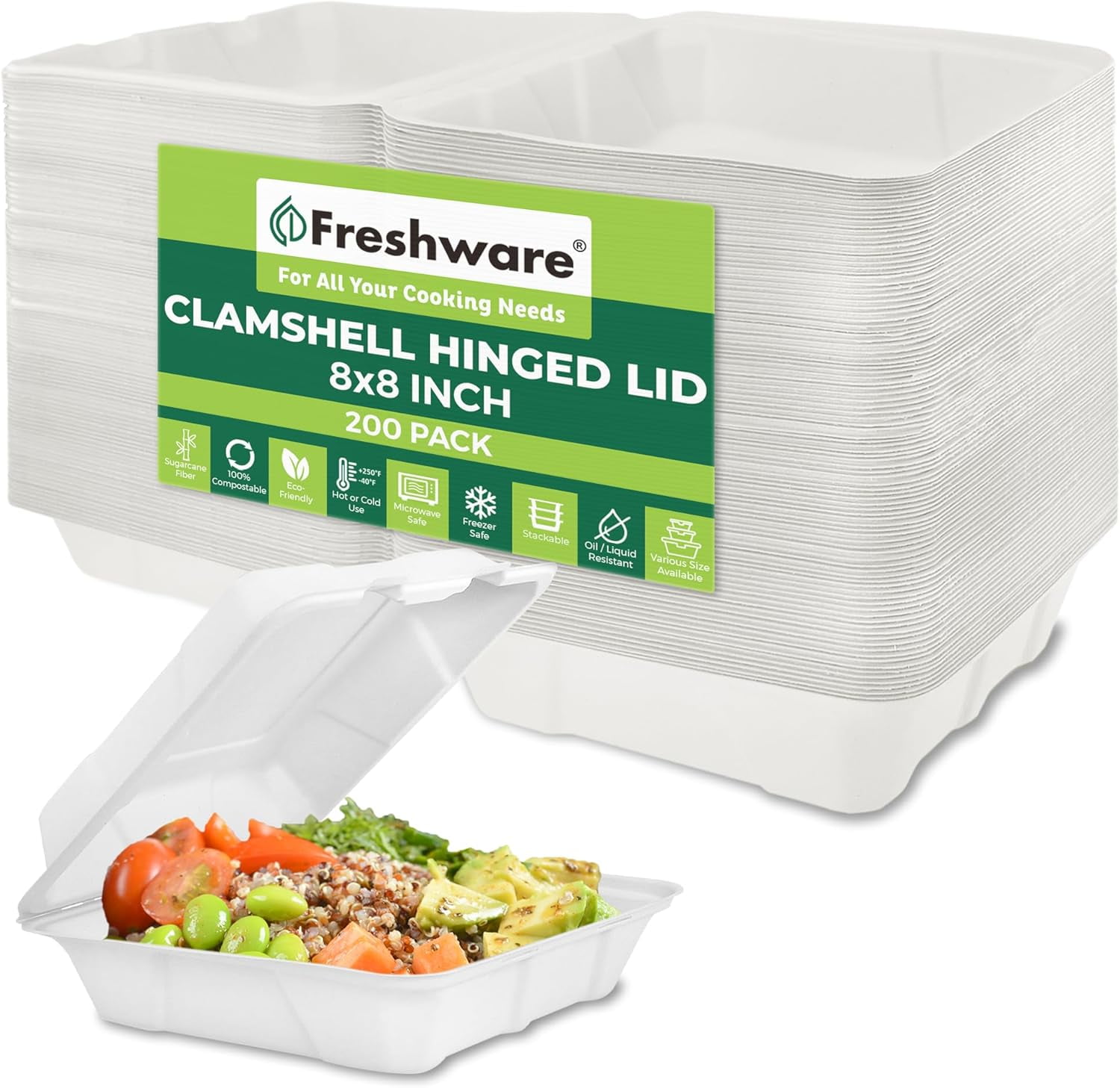 Wellsay Comble Clamshell Food Containers [8x8" 200-Pack] Disposable To ...