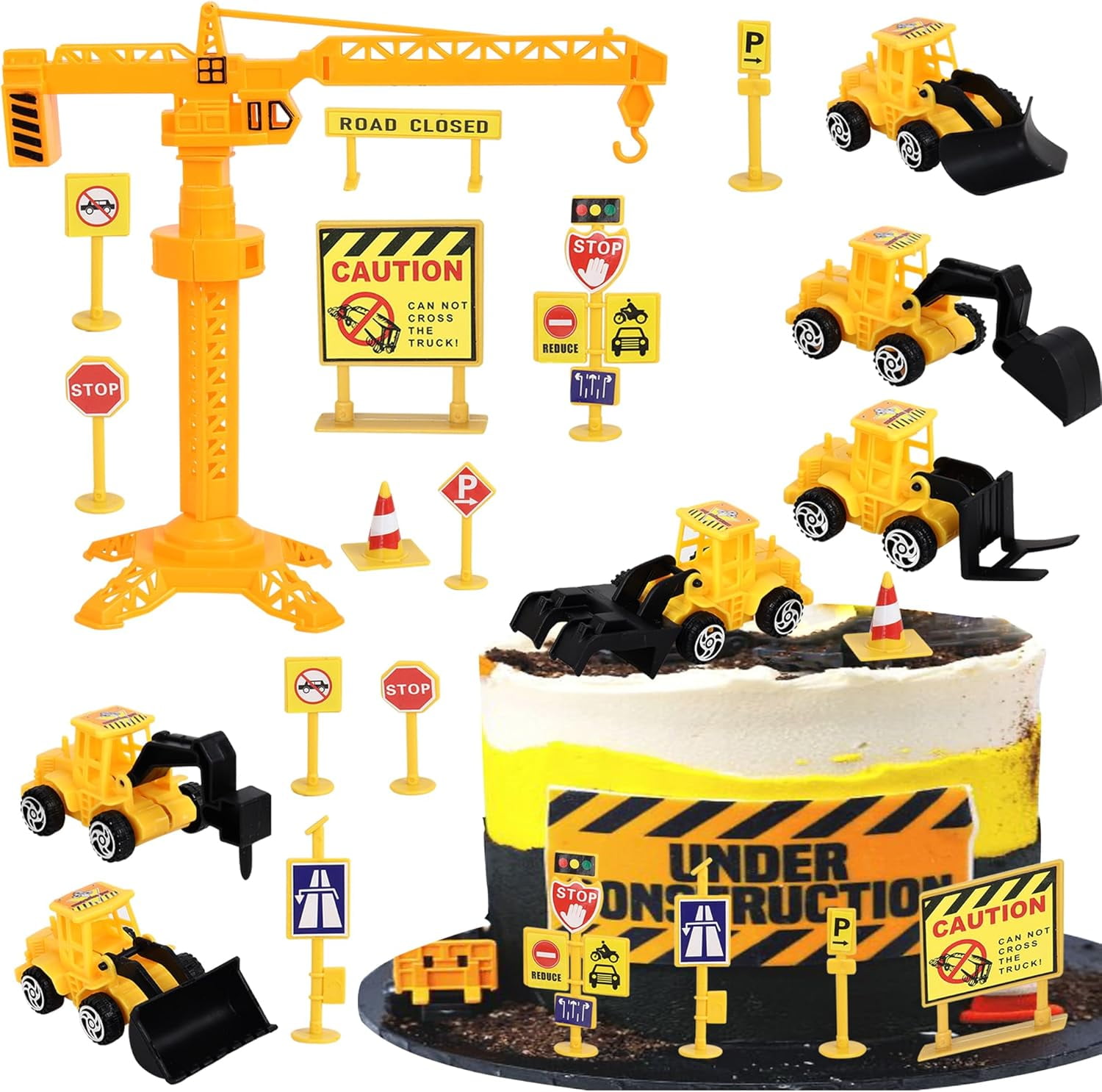 Wellsay Construction Vehicles Cake Tors Set Toy Road Sign Tower Digger ...