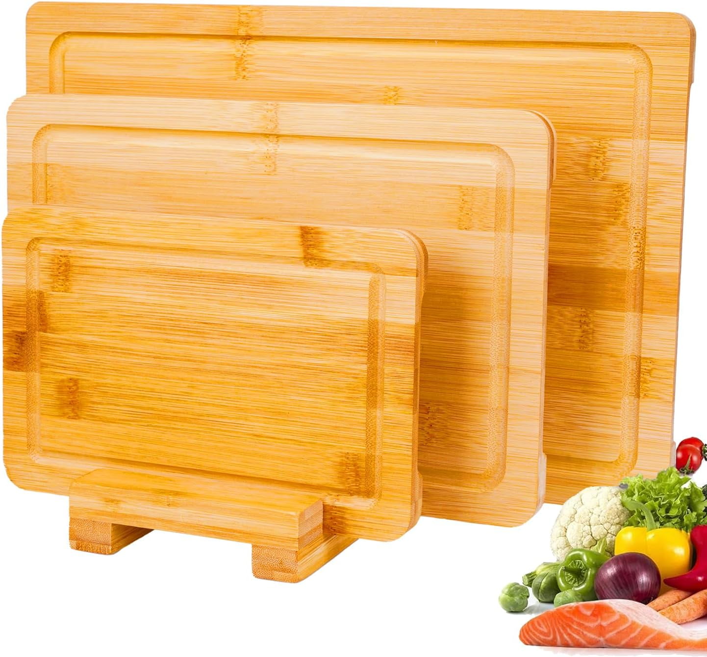 Wellsay Cutting Boards for Kitchen,Wood Cutting Board Set of 3,Thick Wooden Chopping Board with ...