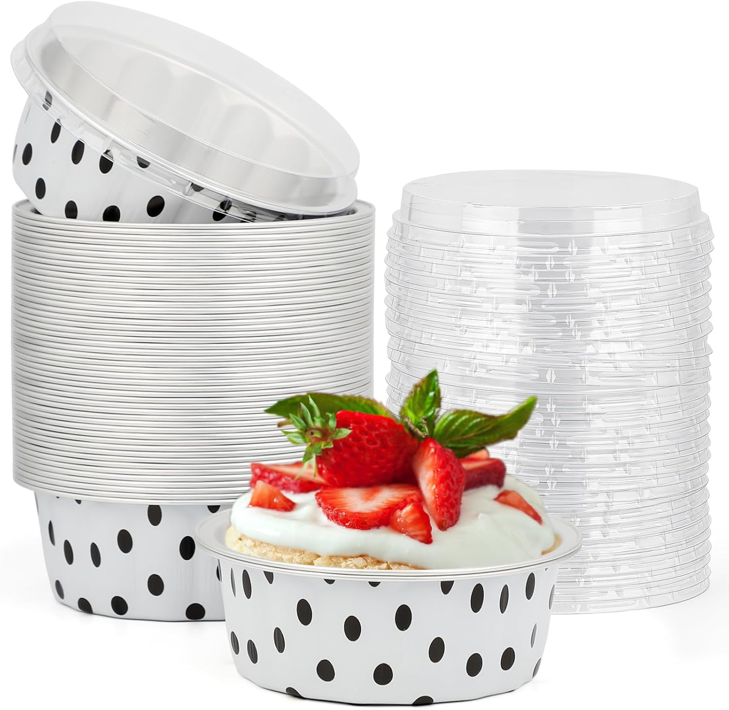 Wellsay Disposable Ramekins with Lids, 8oz 50 Pack Black Dot in White ...