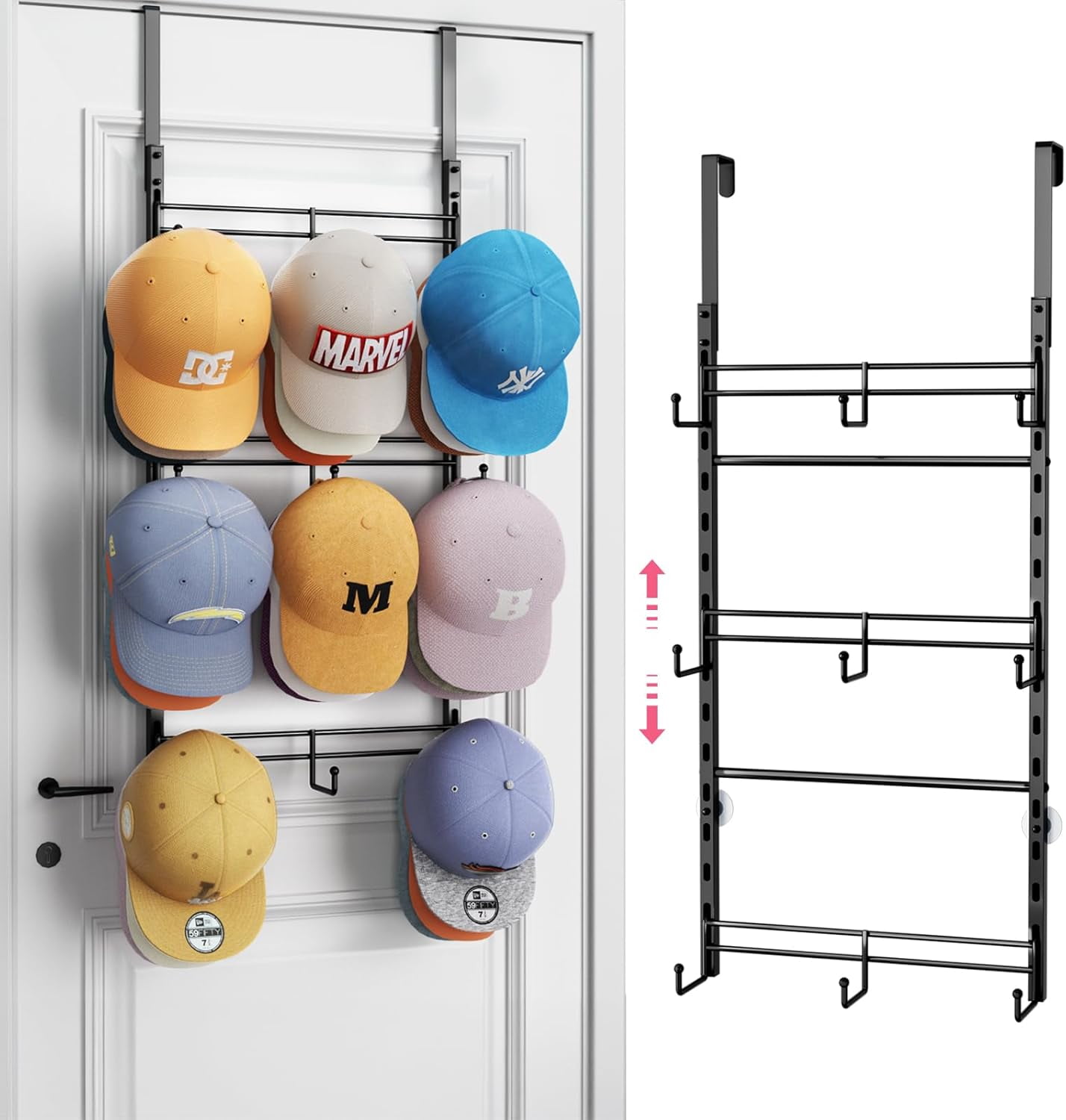 Wellsay Over Door Hat Organizer - 3 Tier Metal Adjustable Wall Mounted ...