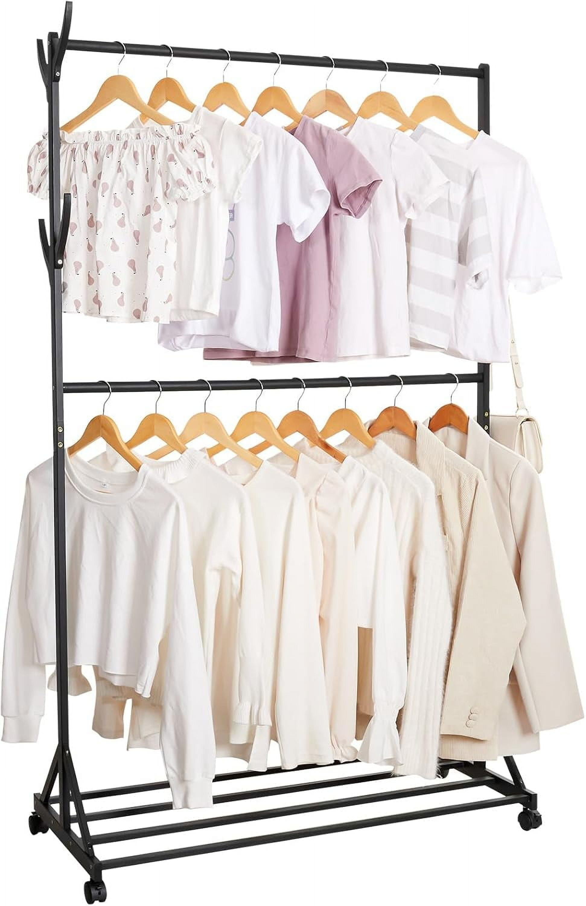 Wellsay Double Rod Clothing Garment Rack with Wheels and Hooks,Rolling ...