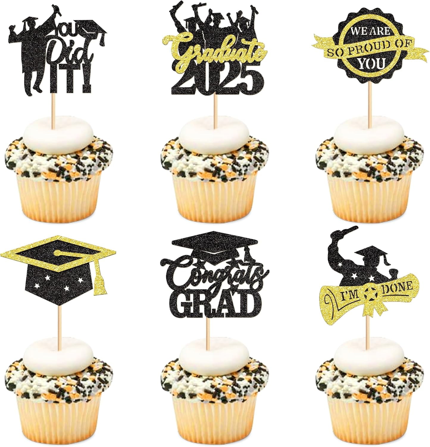 Wellsay Edio 30 Pack 2025 Graduation Cupcake Tors Glitter Black Gold ...