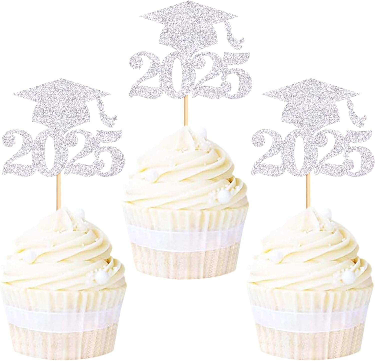 Wellsay Edio 36 Pack 2025 Graduation Cap Cupcake Tors 2025 Silver ...