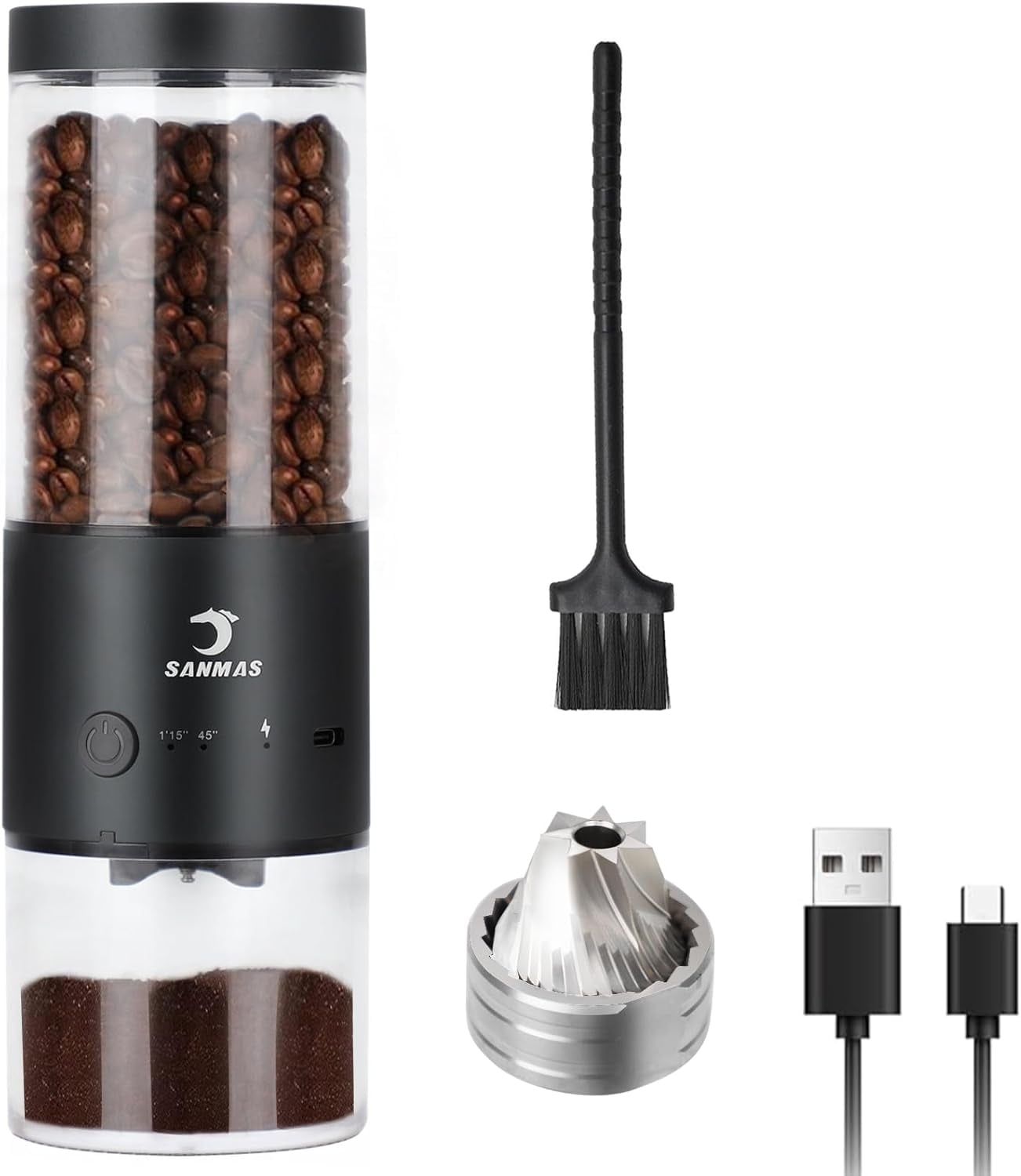 Wellsay Electric Burr Coffee Grinder with Stainless Steel Grinding Core, Rechargeable Coffee ...